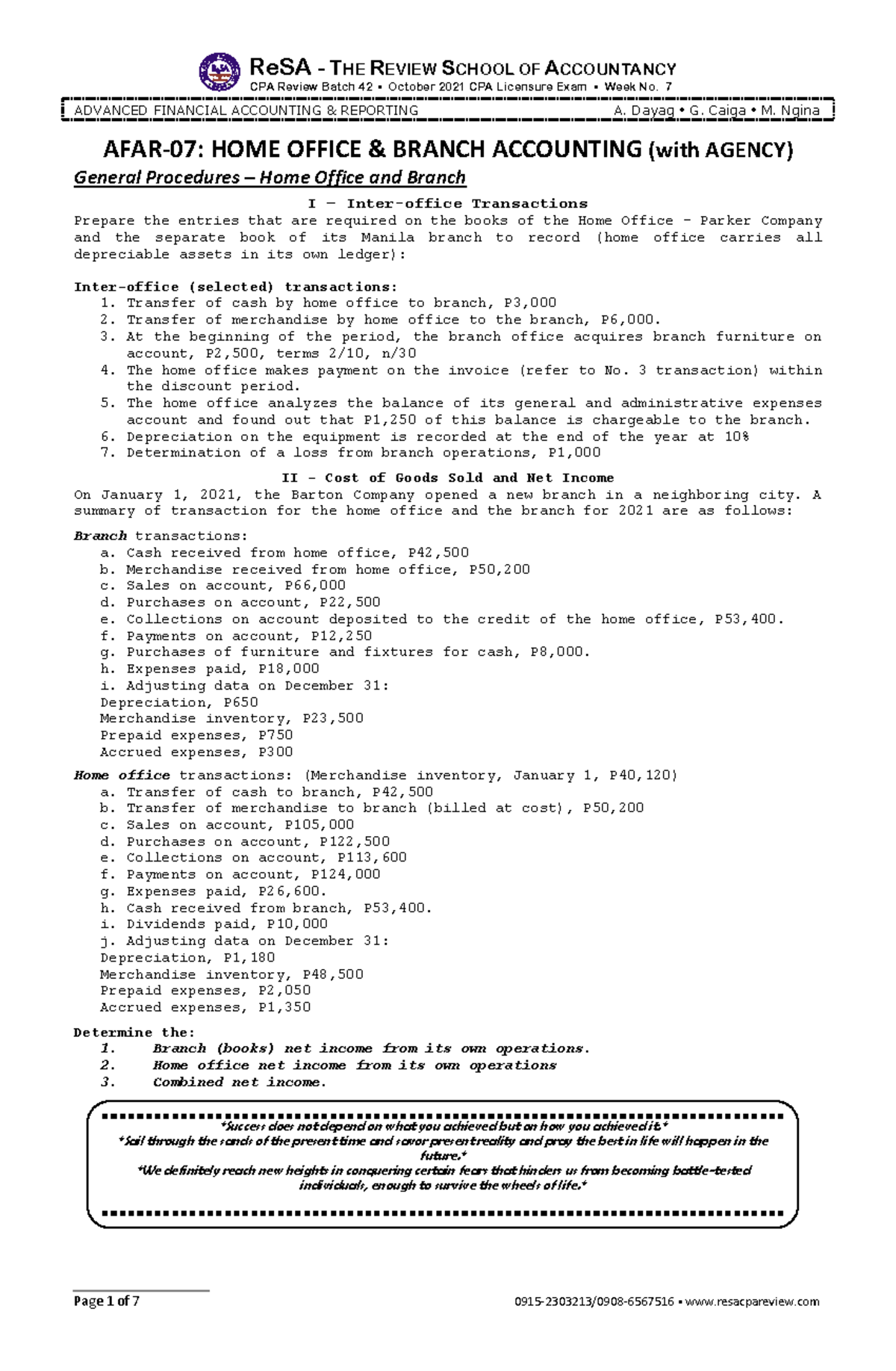 AFAR-07 (Home-Office Branch Accounting) - ReSA - THE REVIEW SCHOOL OF ...