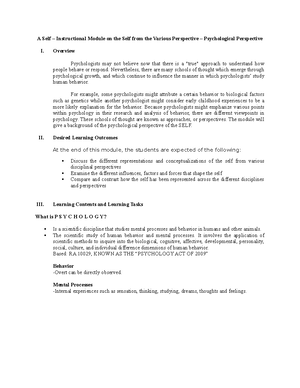 Module 4- Psychological Perspectives OF THE SELF - Module 4 ...