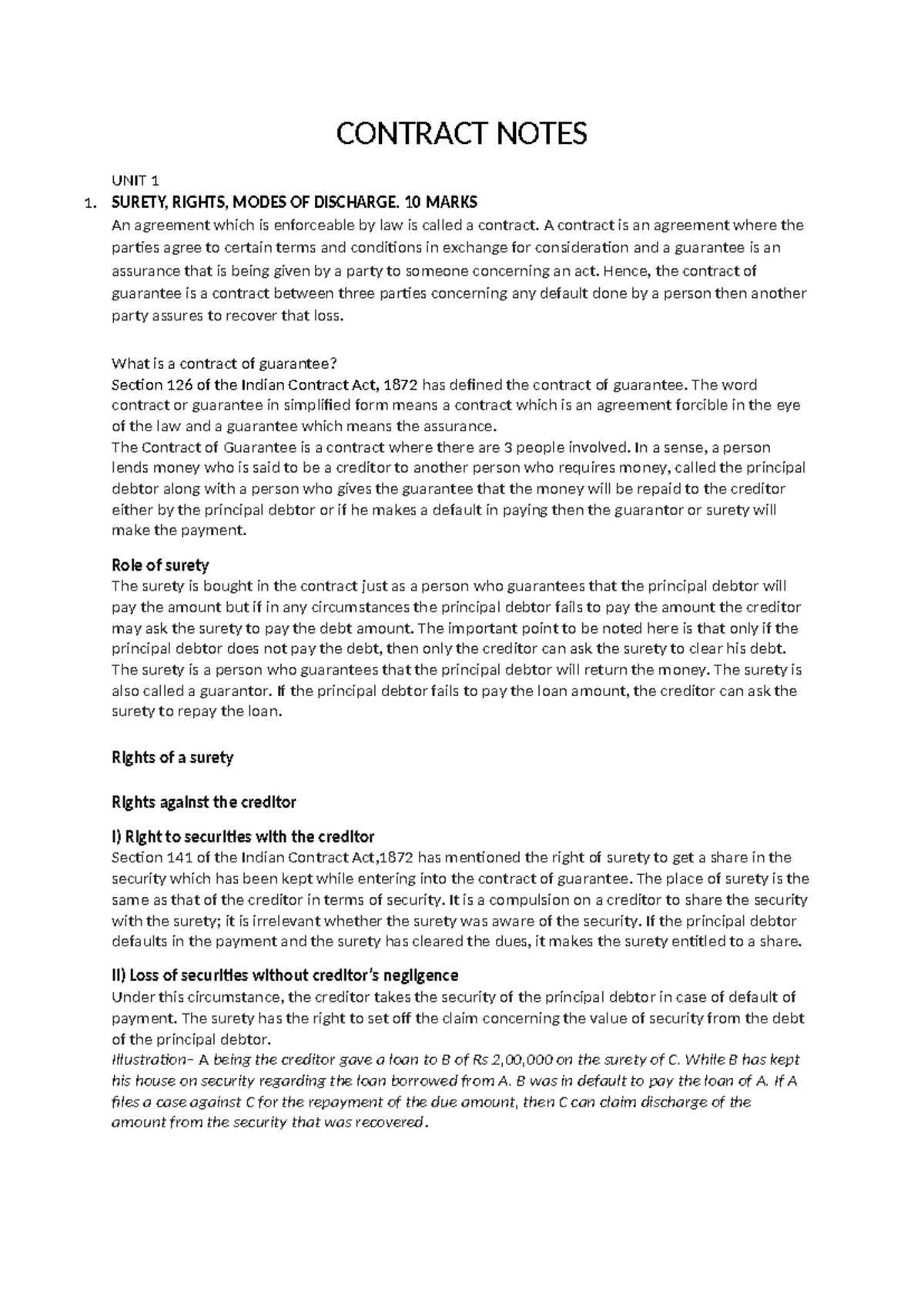 Contract Notes - CONTRACT NOTES UNIT 1 1. SURETY, RIGHTS, MODES OF ...
