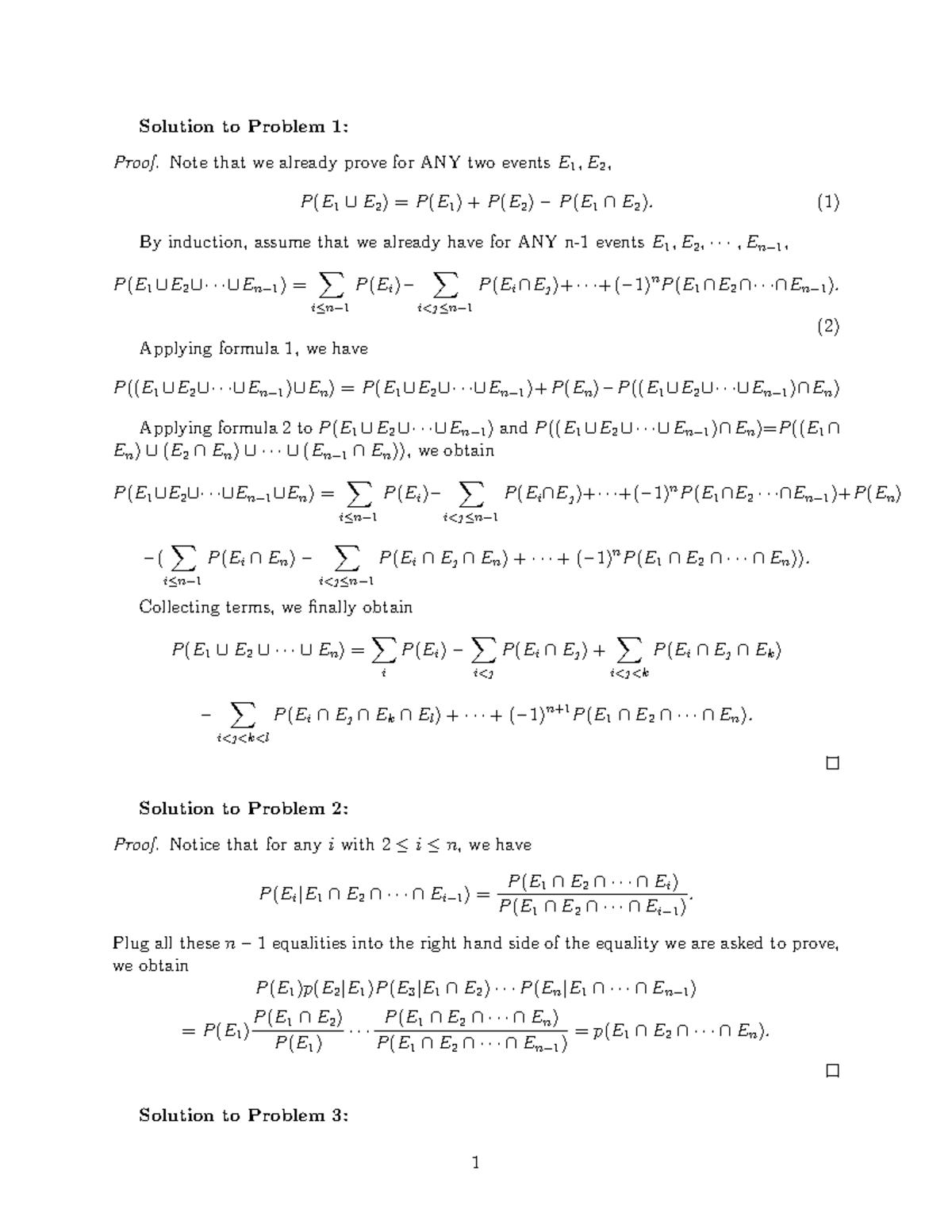 Homework 1 Solution - HW1SOL - Solution to Problem 1: Proof. Note that we already prove for ANY ...