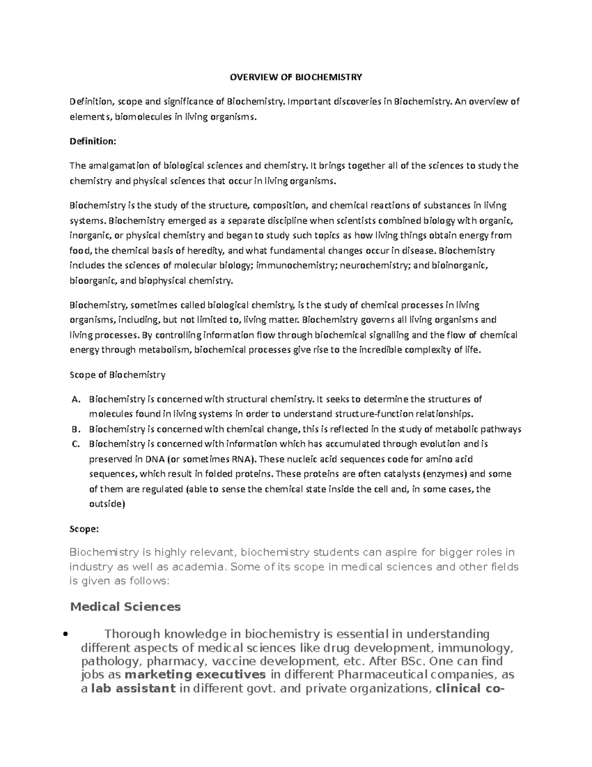 Overview OF Biochemistry - OVERVIEW OF BIOCHEMISTRY Definition, scope ...
