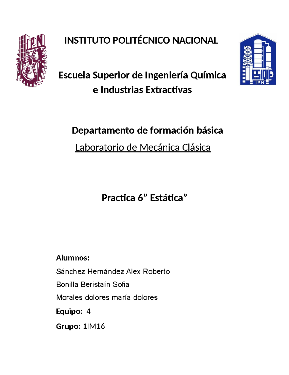 Practica 6 estatica ^ - INSTITUTO POLITÉCNICO NACIONAL Escuela Superior ...