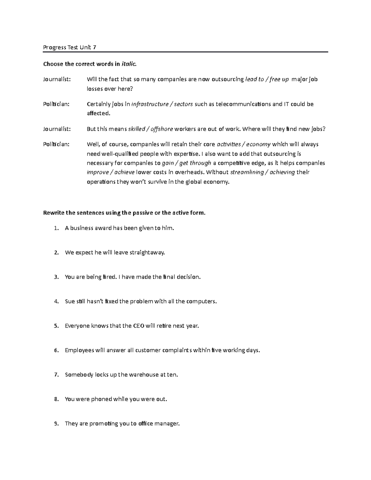 Progress Test Unit 7 2020 Progress Test Unit 7 Choose The Correct