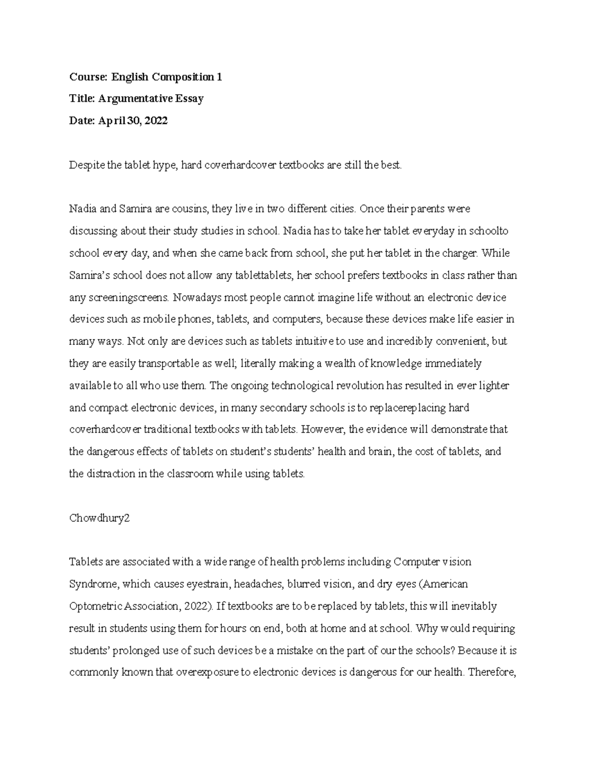 Eng Argumentative Essay - Course: English Composition 1 Title ...