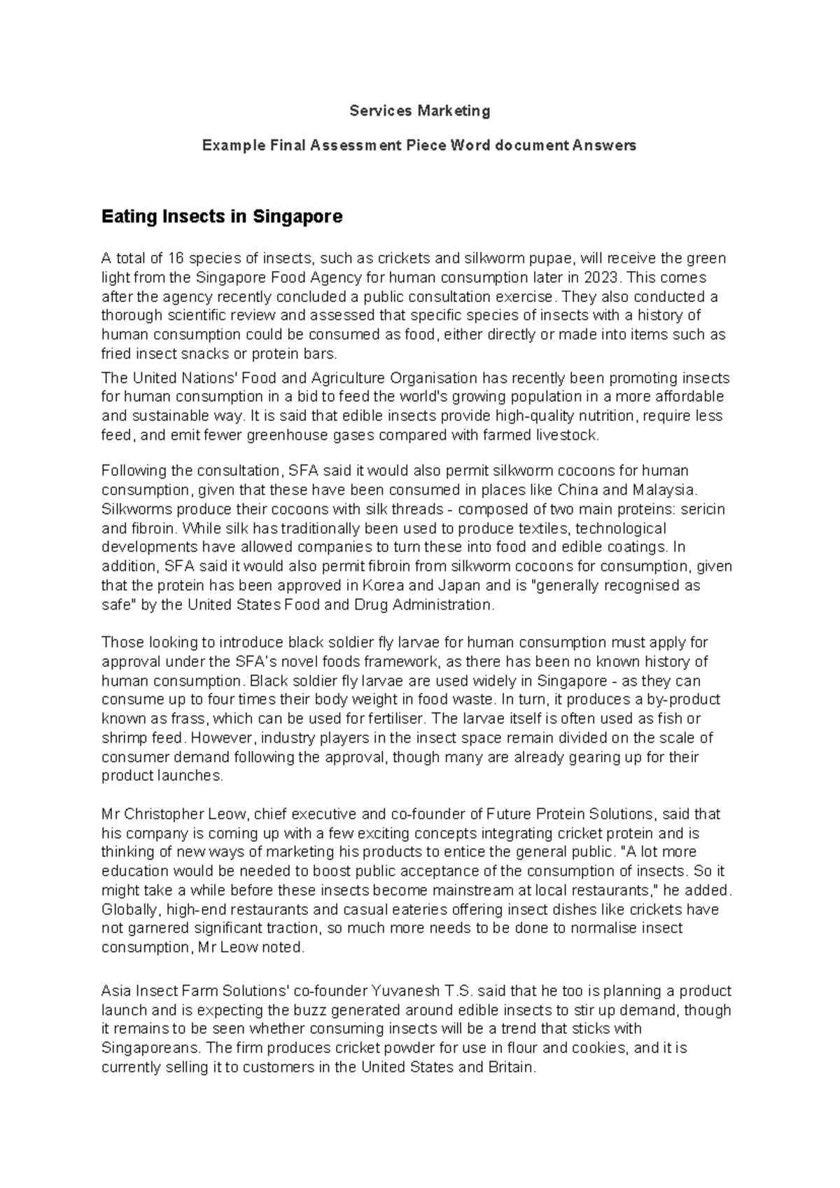 Example Final Assessment Piece Word document - Services Marketing ...