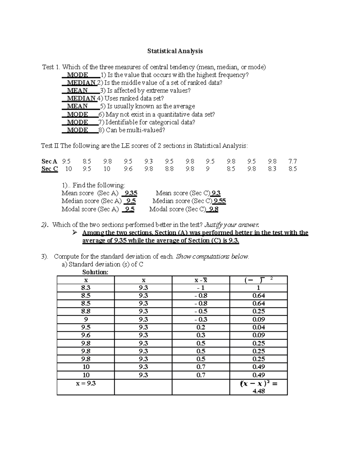 Central-Tendency. Activitydocx - Statistical Analysis Test 1. Which of ...