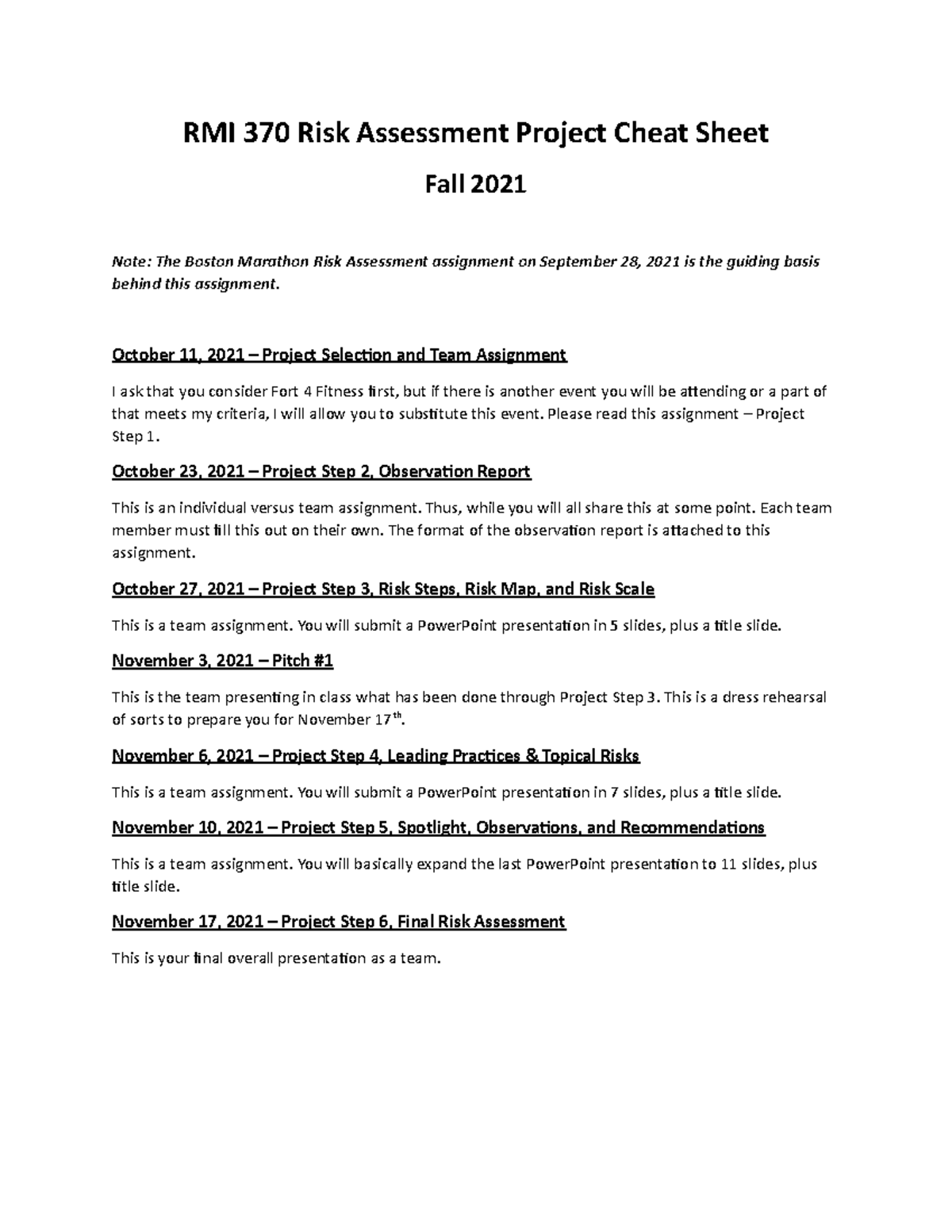 RMI 370 Risk Assessment Project Cheat Sheet - October 11, 2021 ...