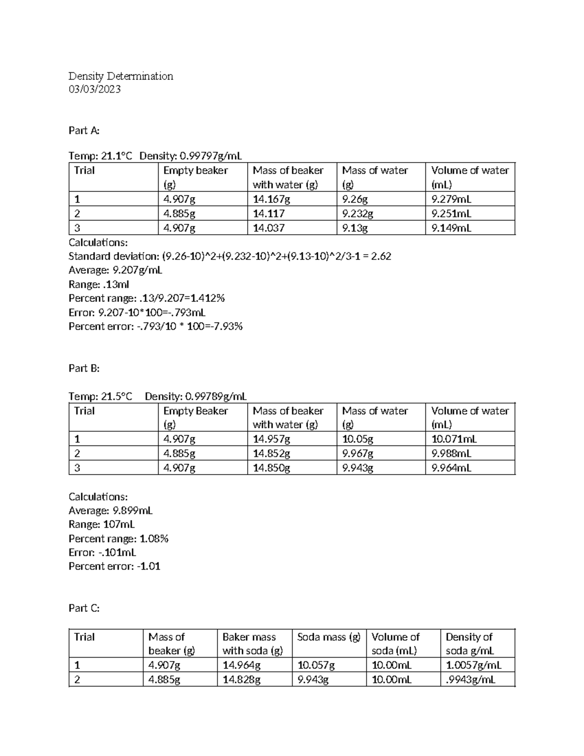 Week 4 post lab chemistry 131L - Density Determination 03/03/ Part A: Temp: 21ºC Density: 0/mL ...