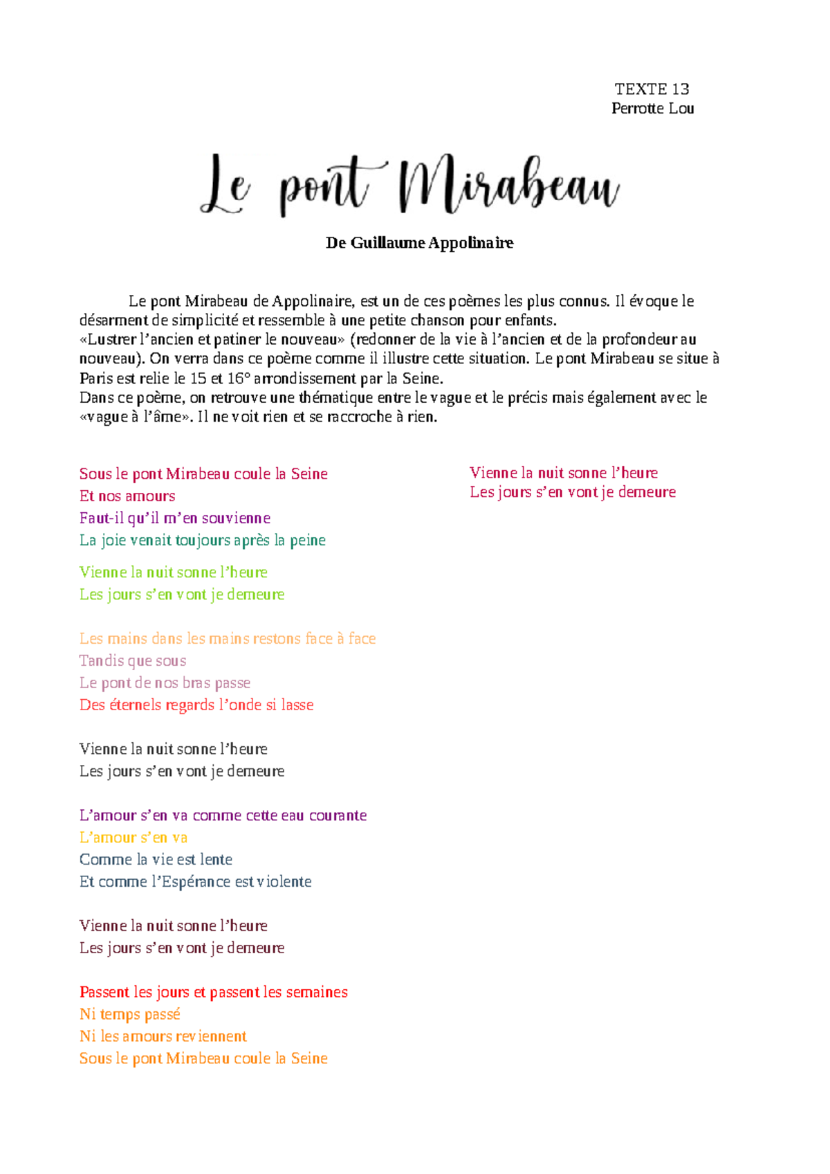 Texte 13 Pont Mirabeau - TEXTE 13 Perrotte Lou De Guillaume Appolinaire ...