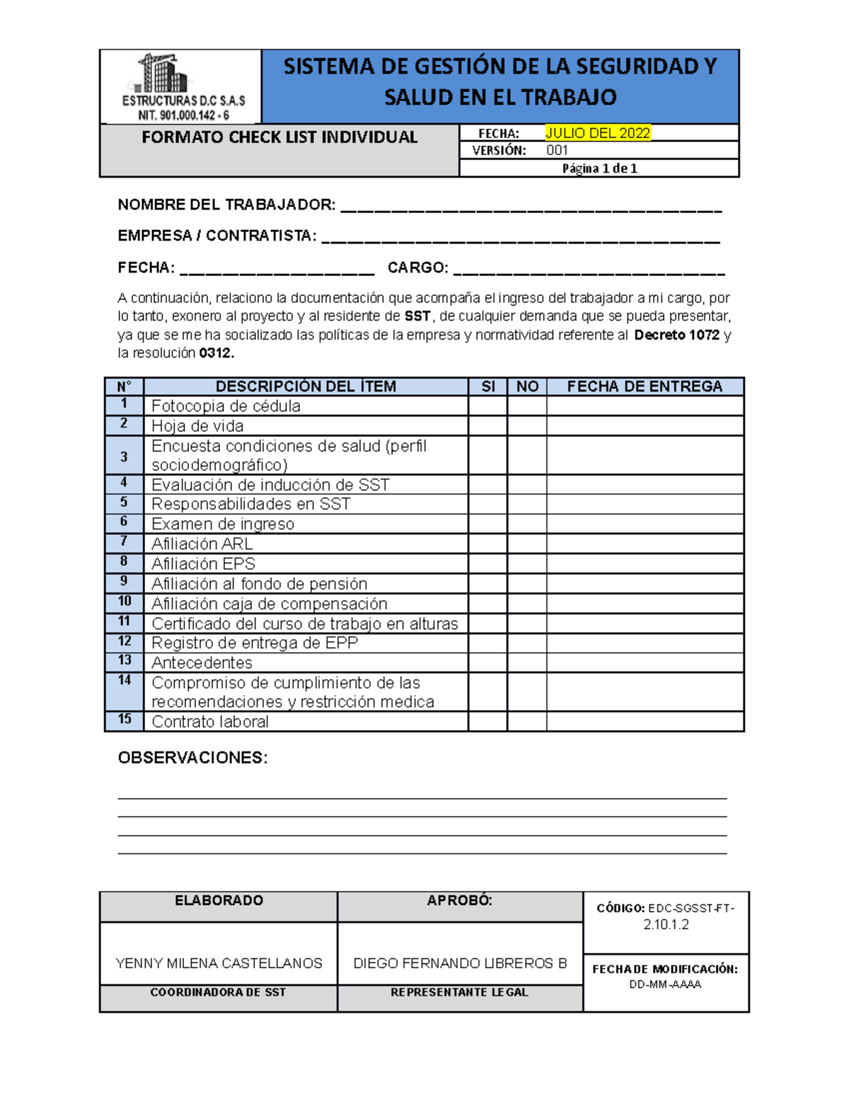 2.10.1.1 Check list individual - personal de ingreso - SISTEMA DE ...
