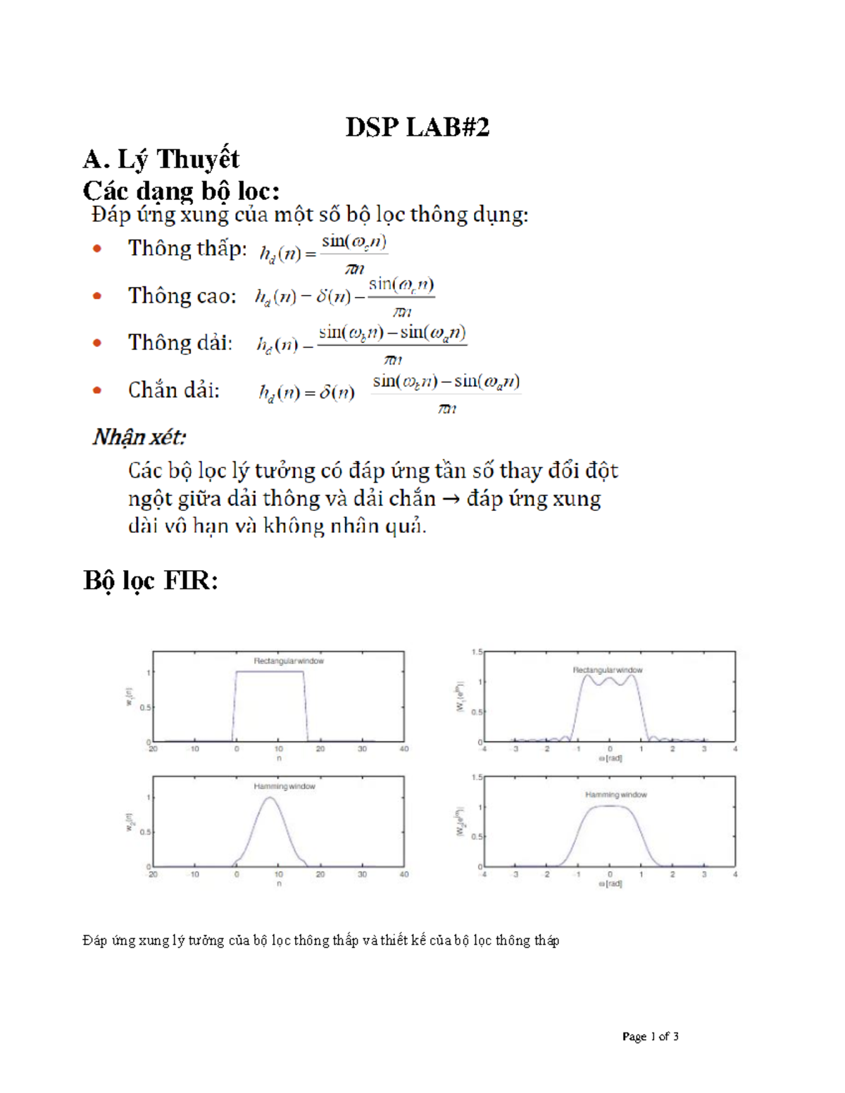Lab2 assignment - DSP - DSP LAB# A. Lý Thuyết Các dạng bộ loc: Bộ lọc FIR: Đáp ứng xung lý tưởng ...