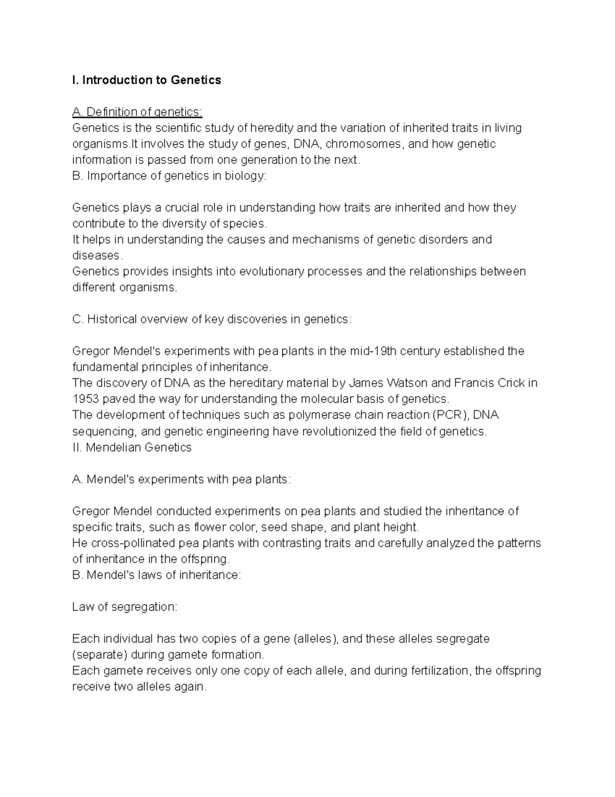 Genetics biology notes - I. Introduction to Genetics A. Definition of ...