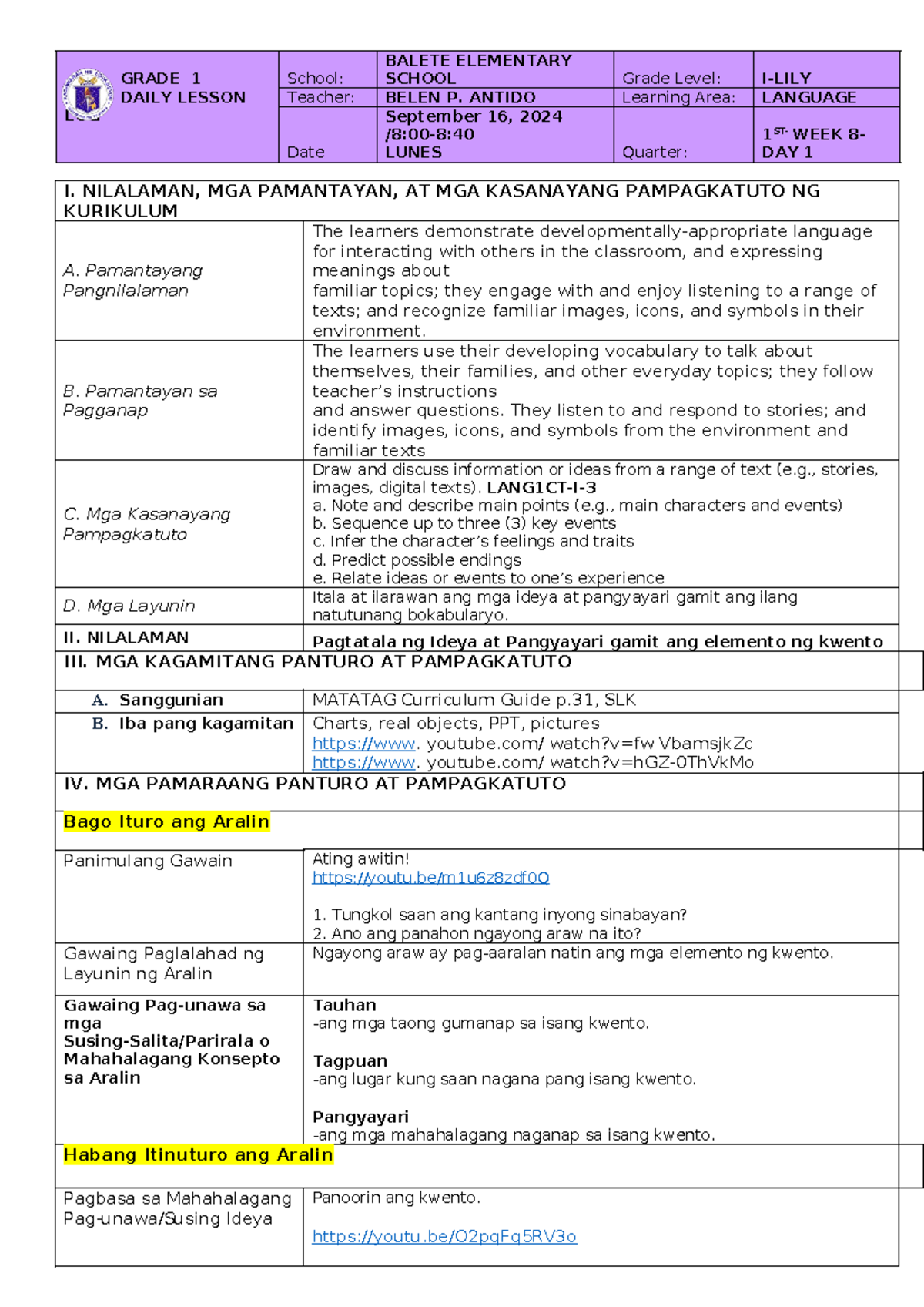 Q-1-WEEK-8-DAY-1-5- Language - GRADE 1 DAILY LESSON LOG School: BALETE ...