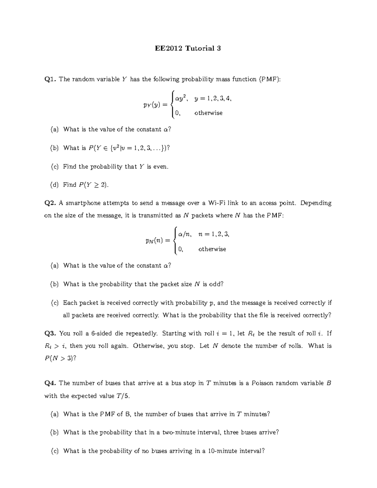 EE2012 tut 3 Q - with ans - EE2012 Tutorial 3 Q1. The random variable Y has the following - Studocu