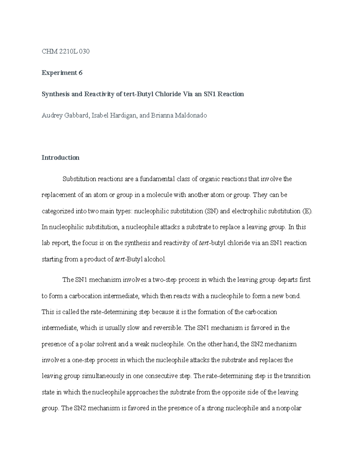 Post-Exp6 t-butyl SN 1 - post lab - CHM 2210L 030 Experiment 6 ...