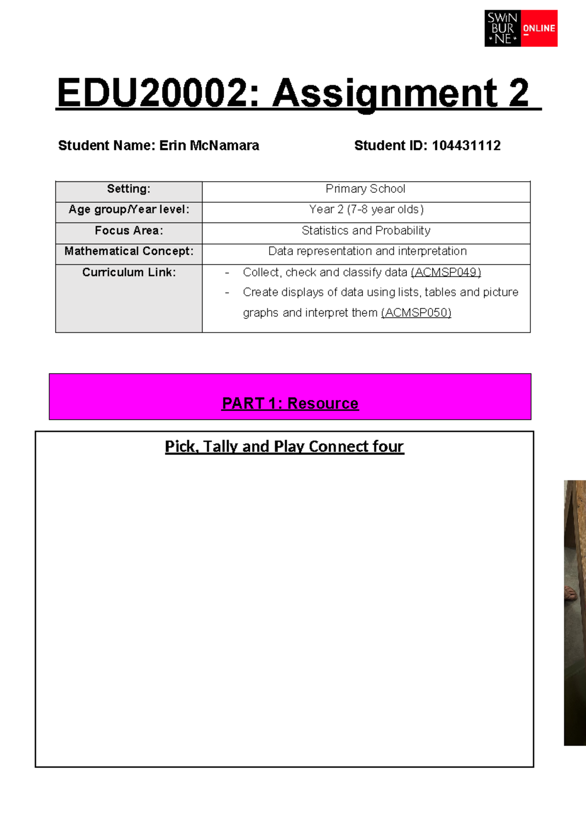 EDU2000 2- A2 - EDU20002: Assignment 2 Student Name: Erin McNamara ...