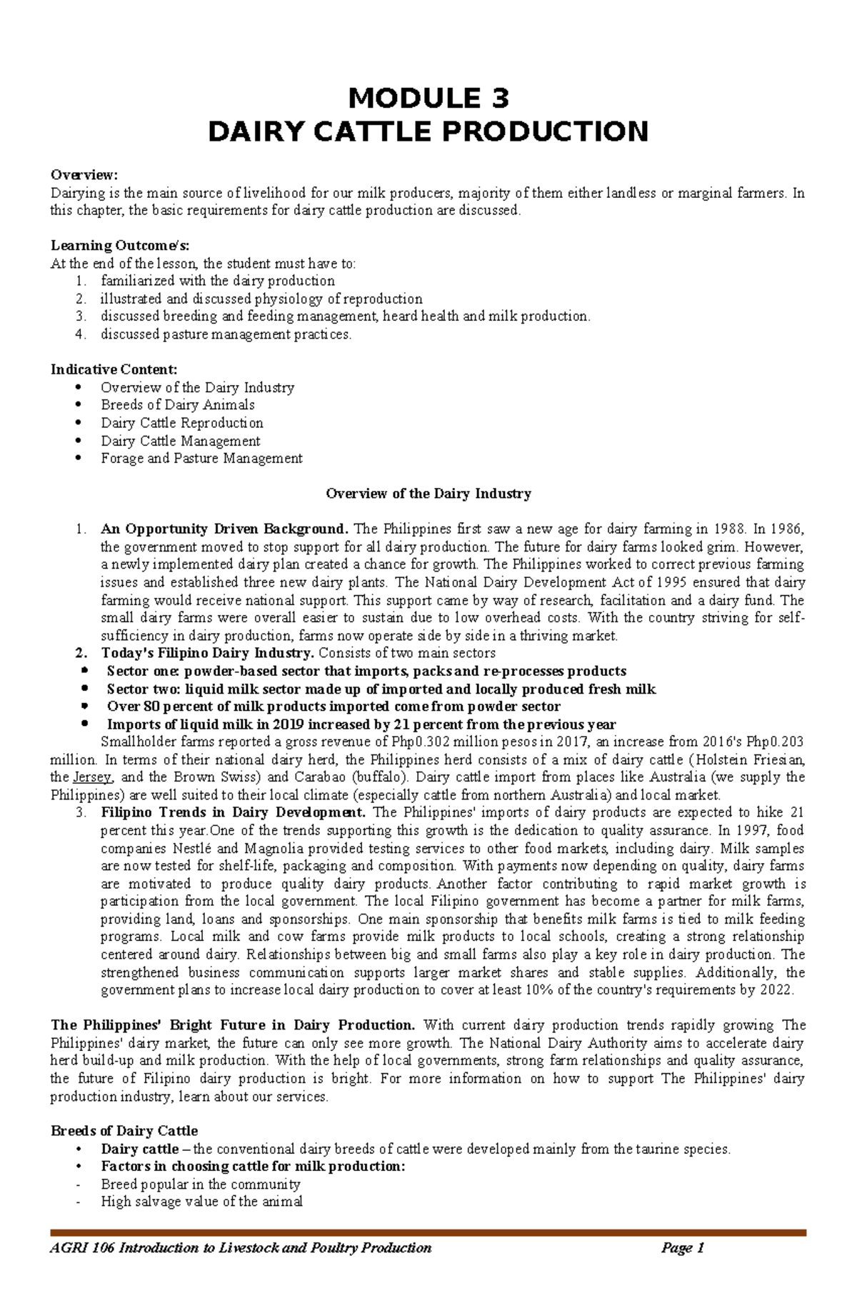 Module 3 Dairy Cattle Production - MODULE 3 DAIRY CATTLE PRODUCTION ...