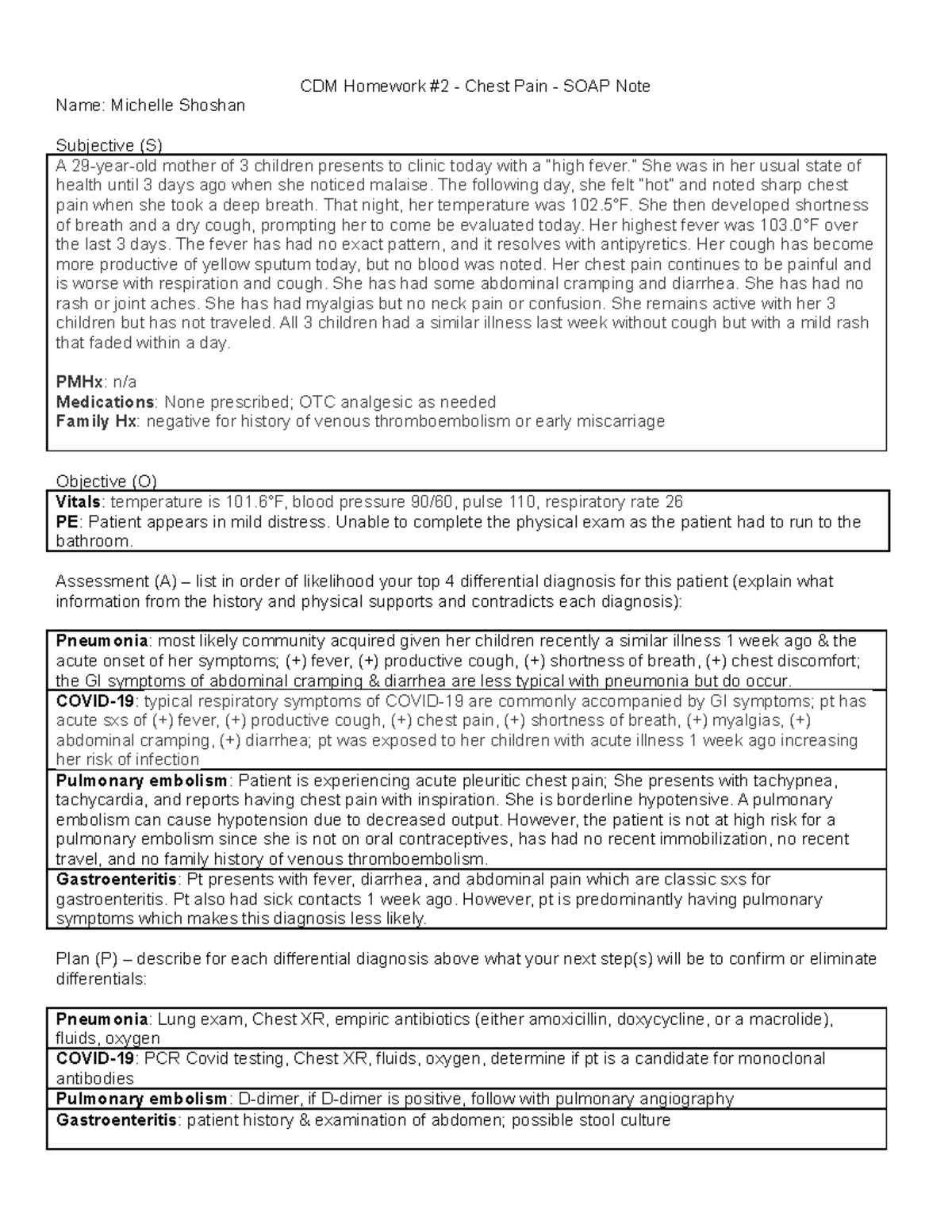 Chest Pain SOAP Note - CDM Homework #2 - Chest Pain - SOAP Note Name ...