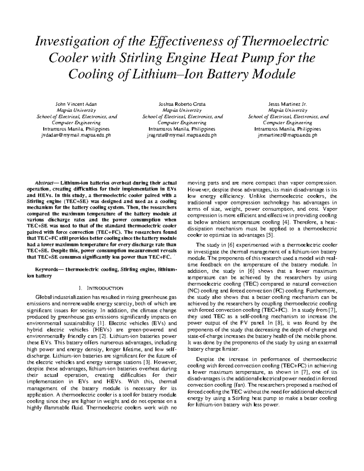 Investigation on the Effectiveness of Thermoelectric Cooler with ...