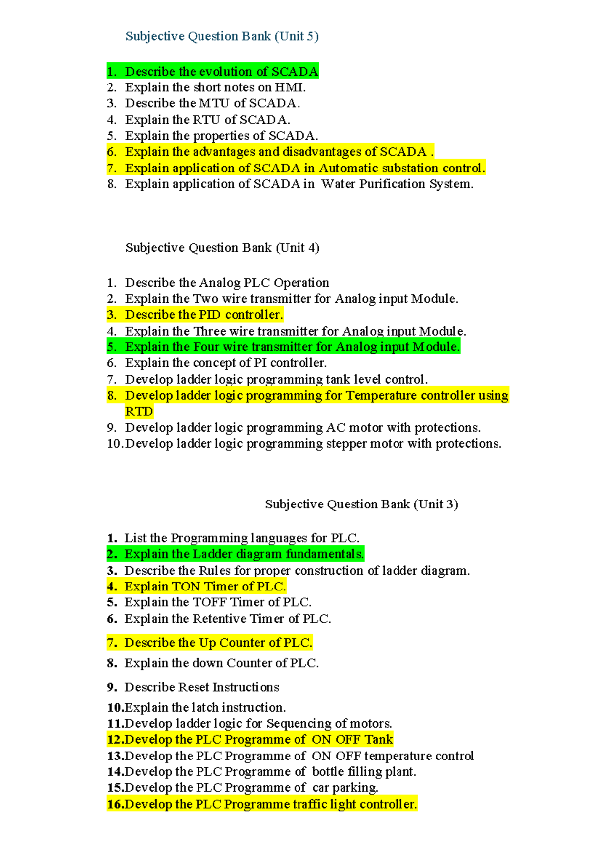Plc-2 - Plc notes - Subjective Question Bank (Unit 5) Describe the ...