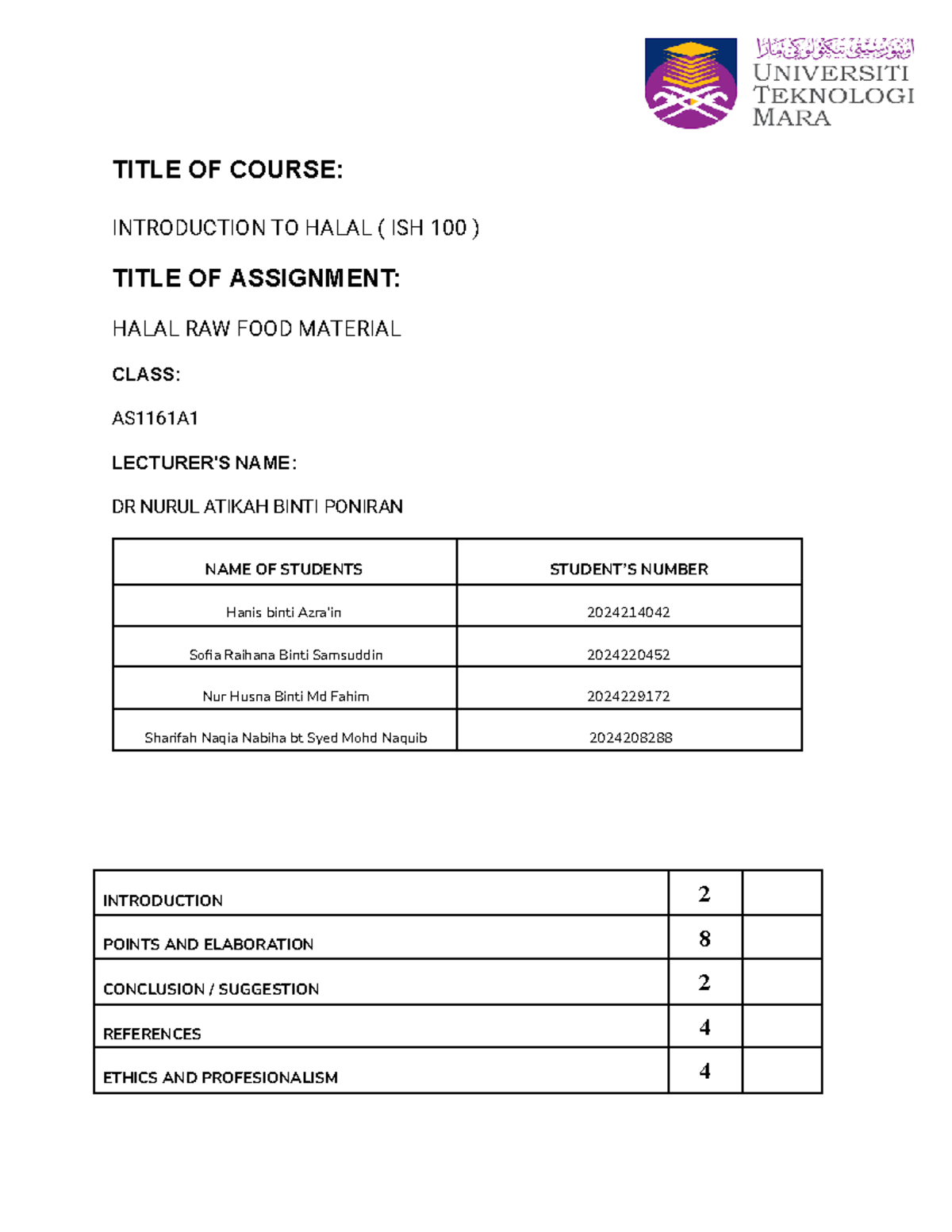 Halal raw food assingment - TITLE OF COURSE: INTRODUCTION TO HALAL ...