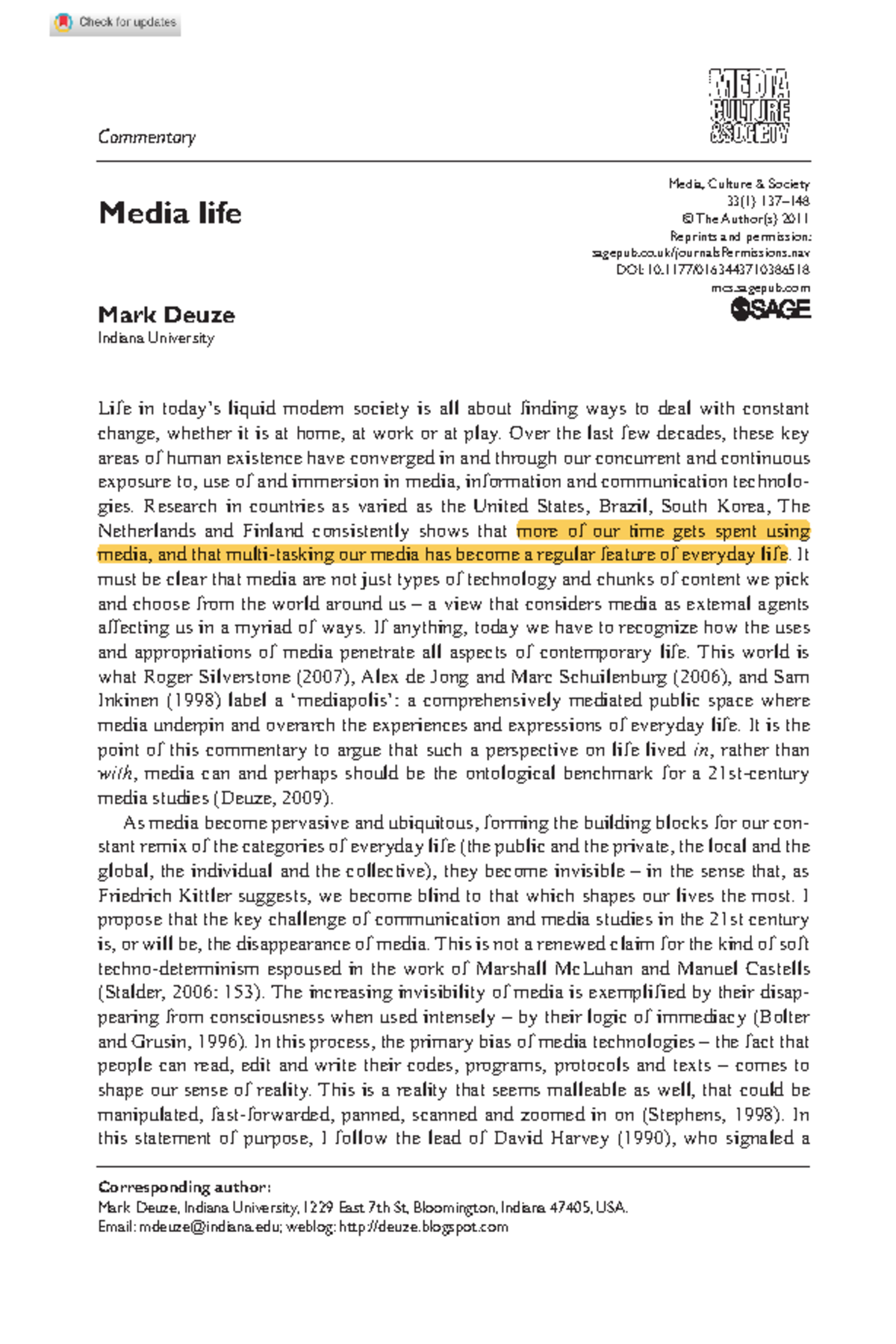 Media Life PDF - aebs - Media life Mark Deuze Indiana University Life ...