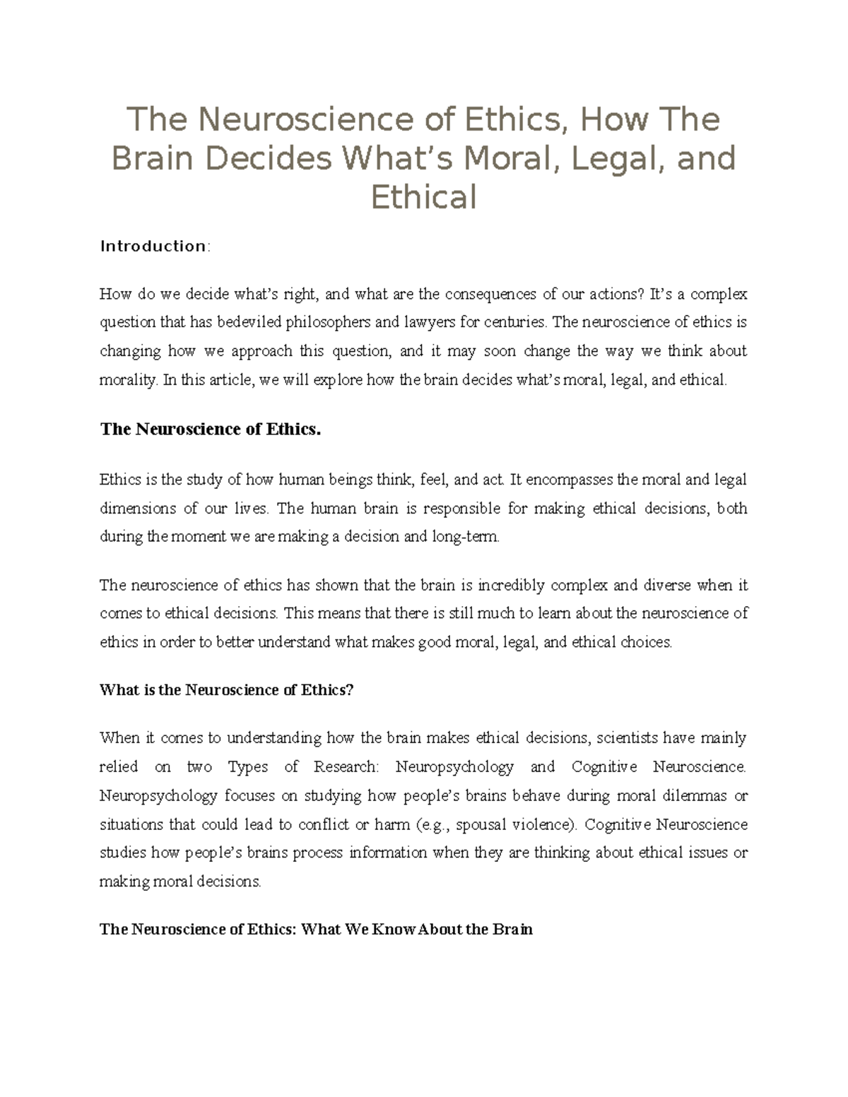The Neuroscience of Ethics, How The Brain Decides What’s Moral, Legal ...