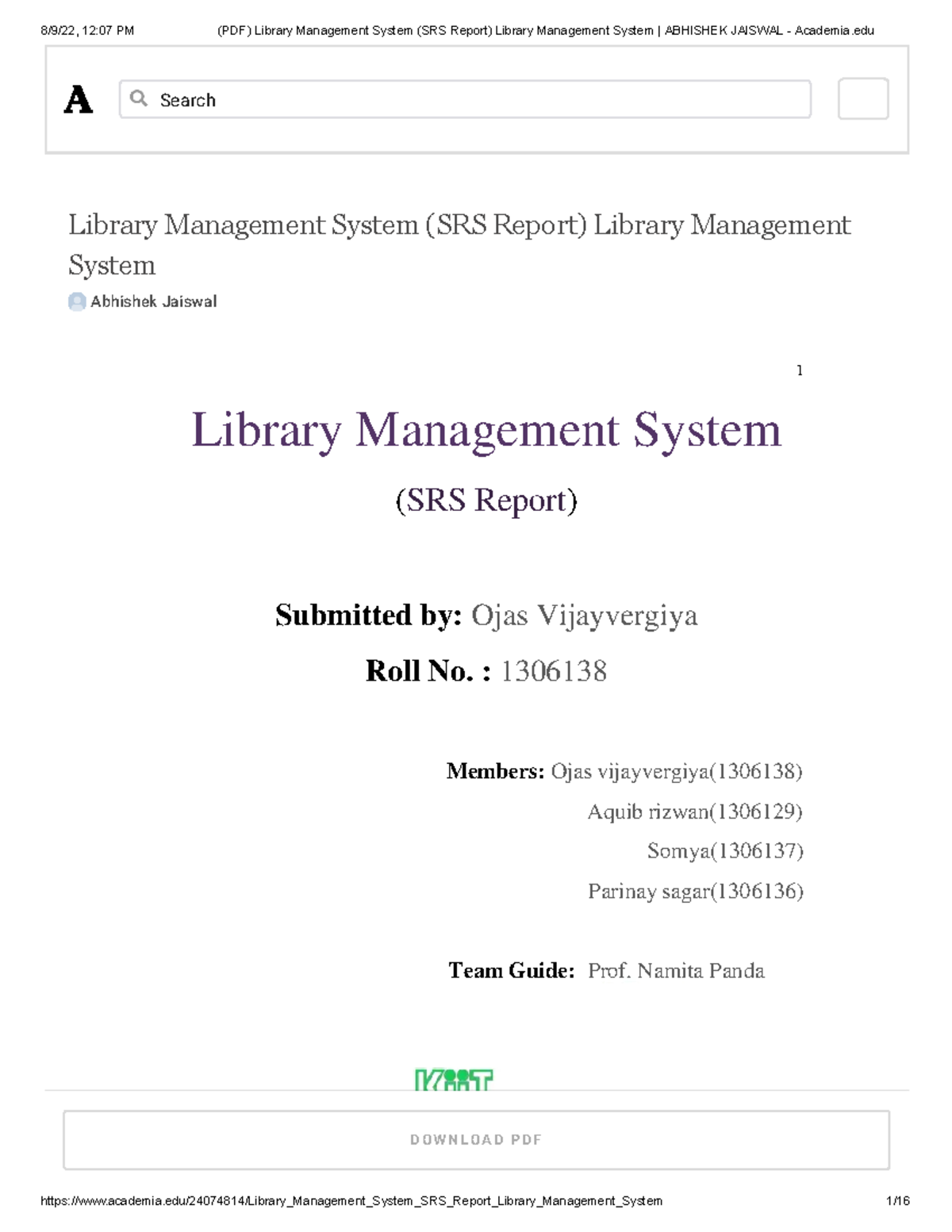 (PDF) Library Management System (SRS Report) Library Management System Abhishek Jaiswal ...