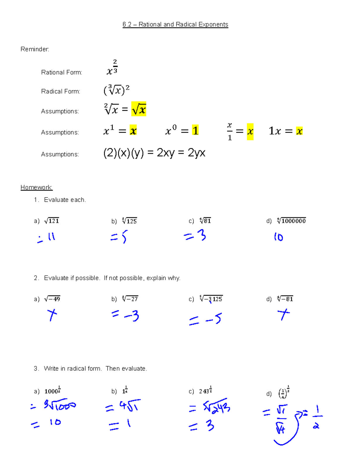 ANS - 6.2 Rational Exponents - 6 – Rational and Radical Exponents ...