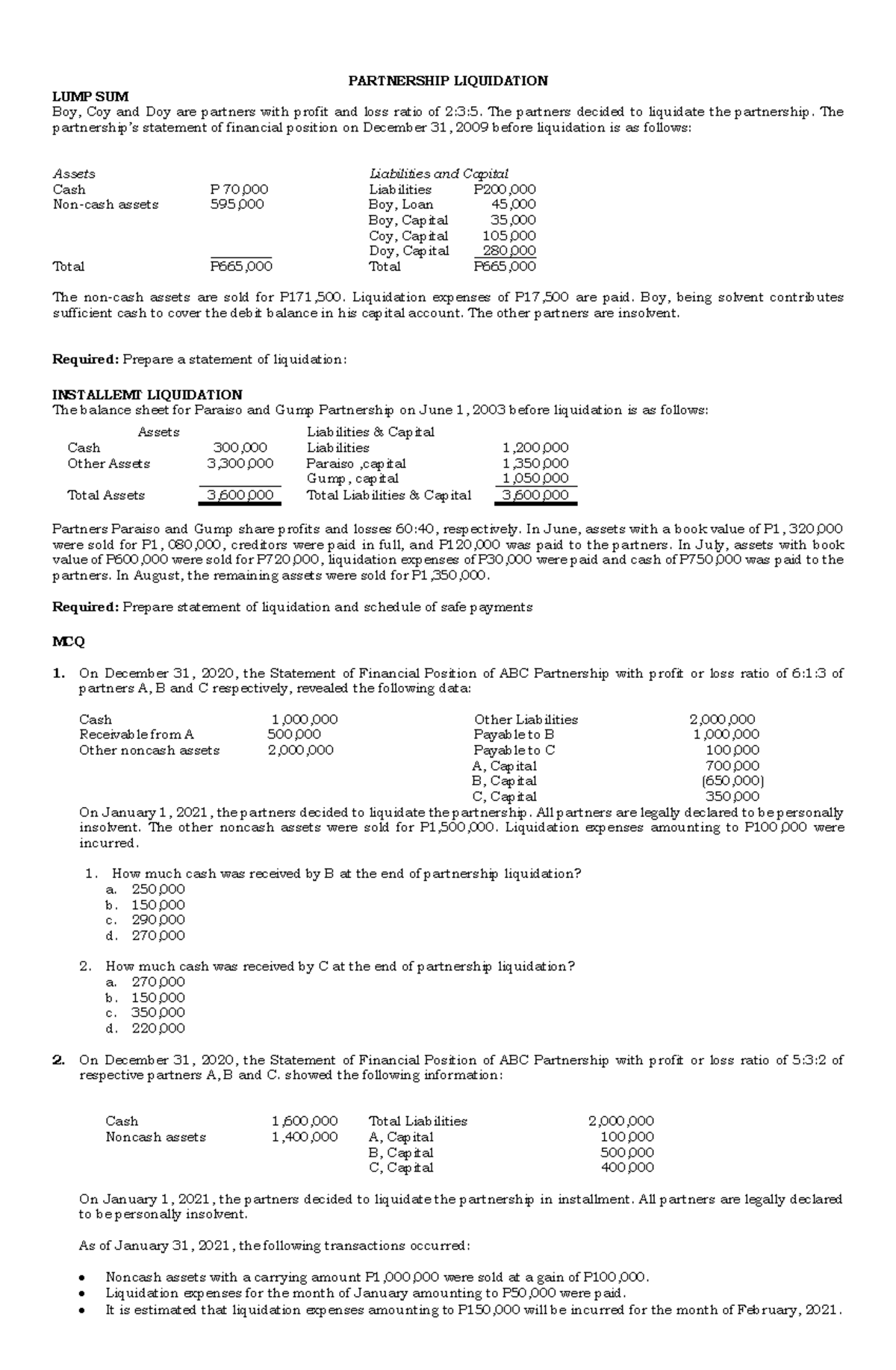 Partnership Liquidation Practice Liquidation problems - PARTNERSHIP LIQUIDATION LUMP SUM Boy ...