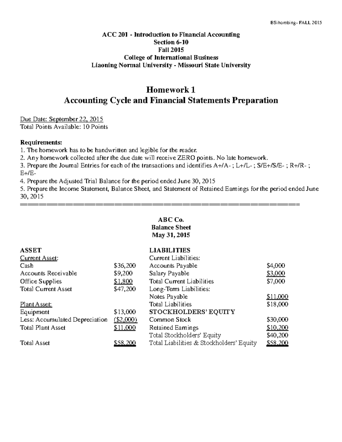 201-HW1-FA15 - equation - FALL 2015 ACC 201 Introduction to Financial ...