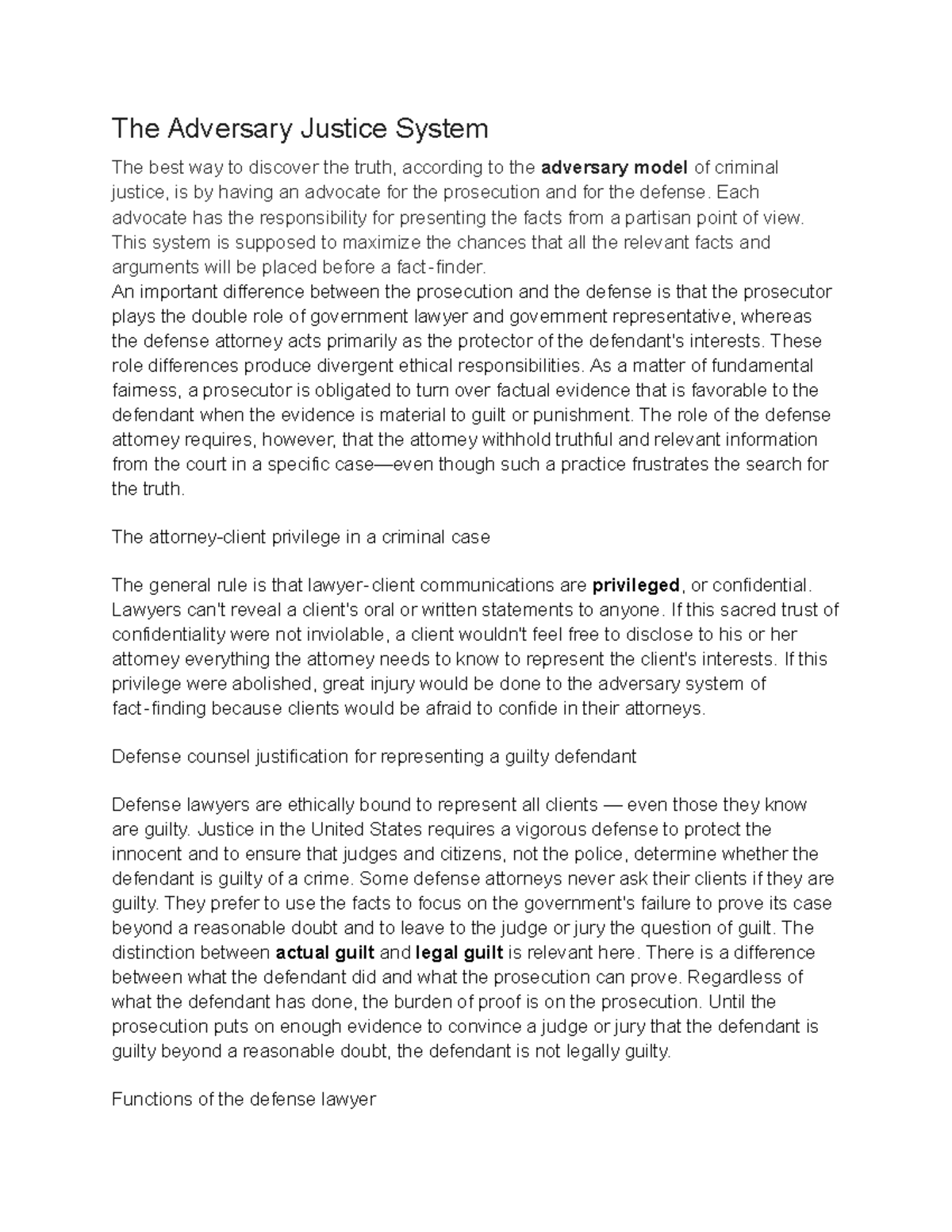 The Adversary Justice System - Each advocate has the responsibility for ...