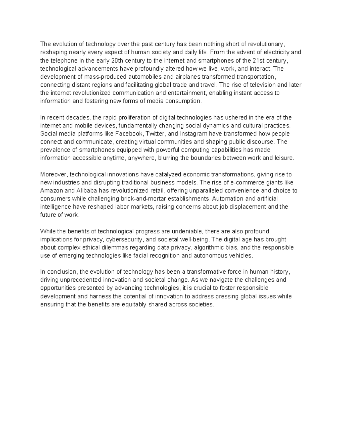 CH2 - ESSAY - The evolution of technology over the past century has ...