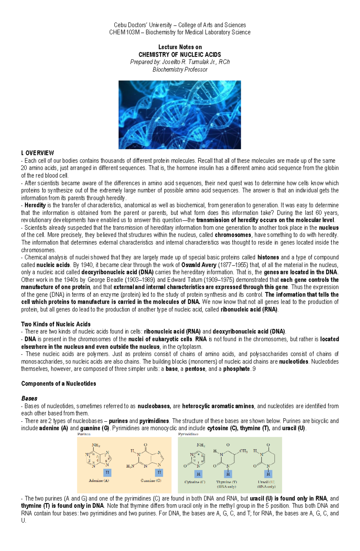 Unit 7 Nucleic Acids - Review Notes - Cebu Doctors’ University 3 ...