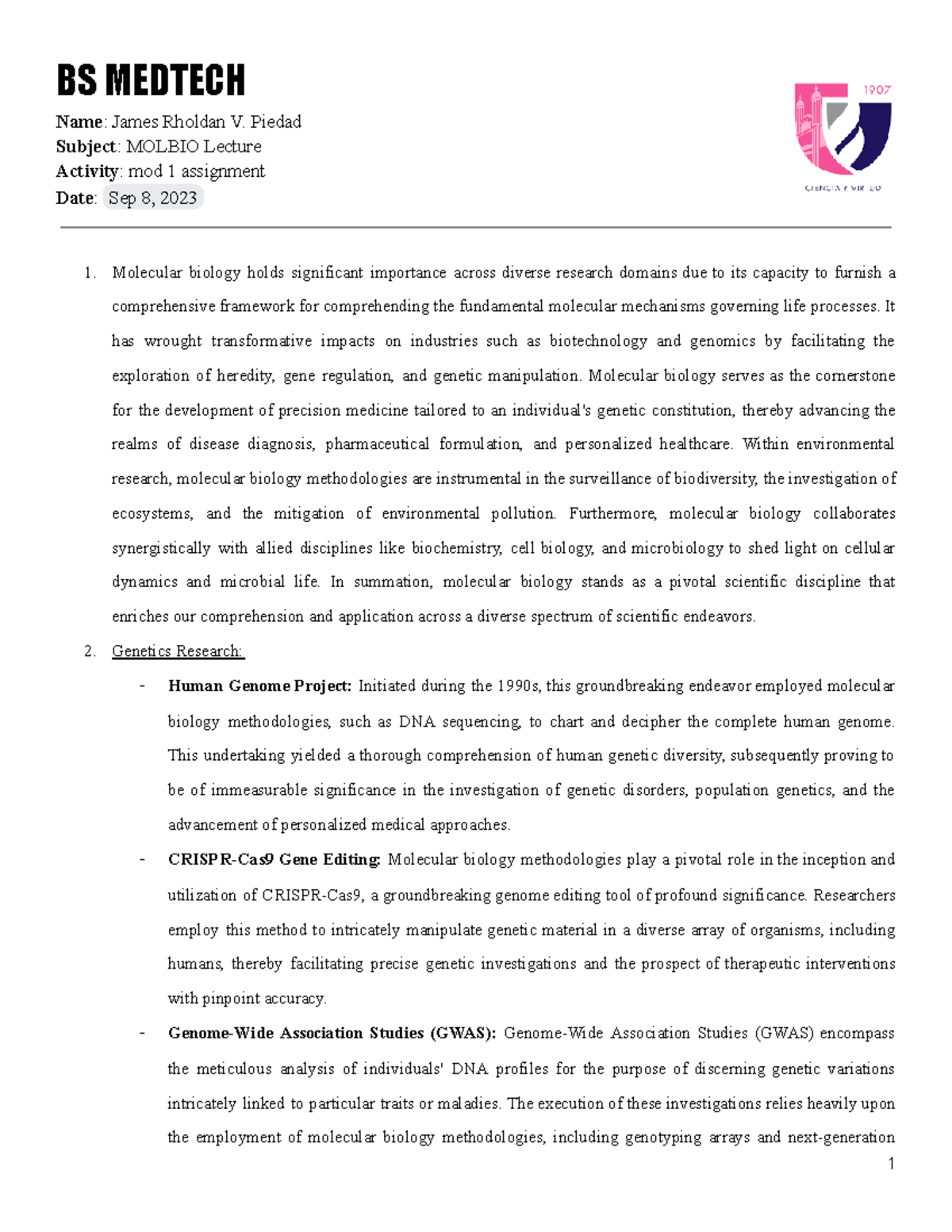 MOD1 Assignment Molbiolec - Name: James Rholdan V. Piedad Subject ...
