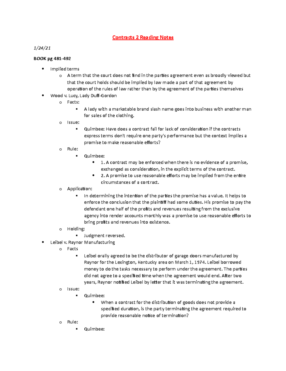 Contracts 2-Reading Notes - Contracts 2 Reading Notes 1/24/ BOOK pg 481 ...