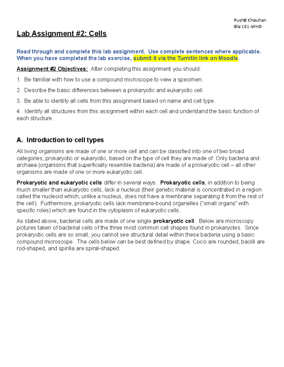 Lab Assignment #2-Cells-4 - Bio 101-WHD Lab Assignment #2: Cells Read through and complete this ...