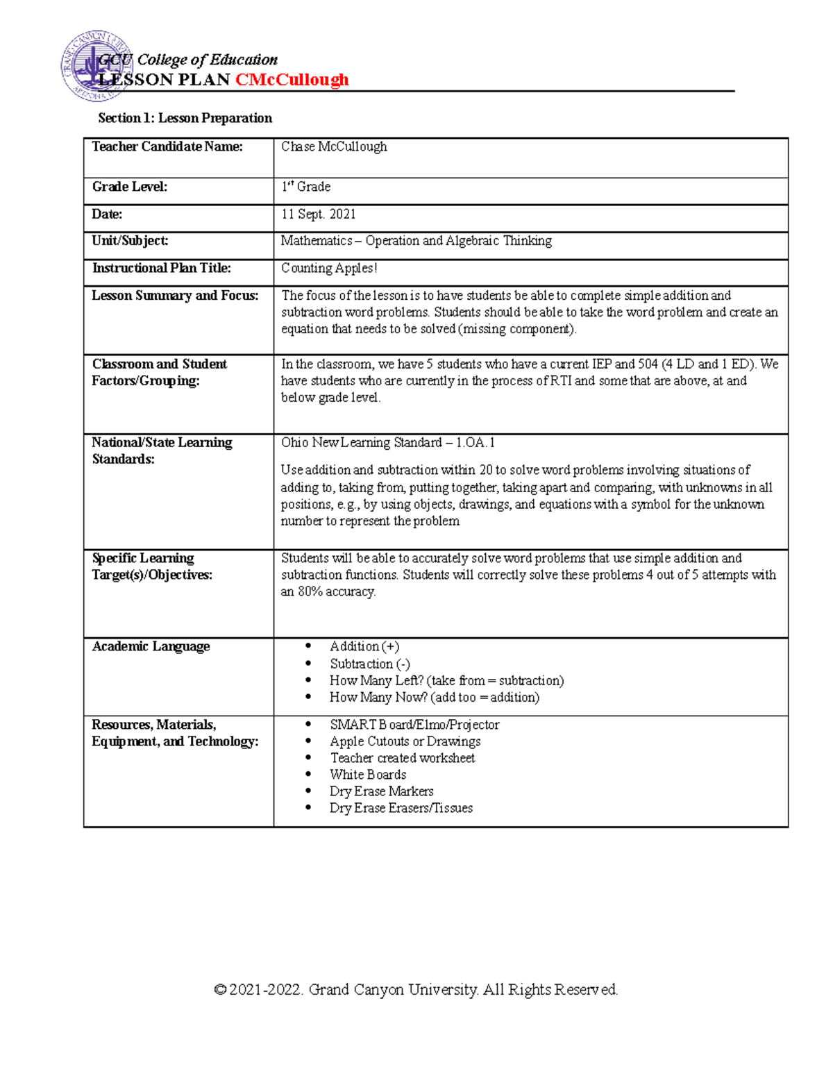 Grand Canyon SPD470 - Lesson Plan 4 - GCU College of Education LESSON ...