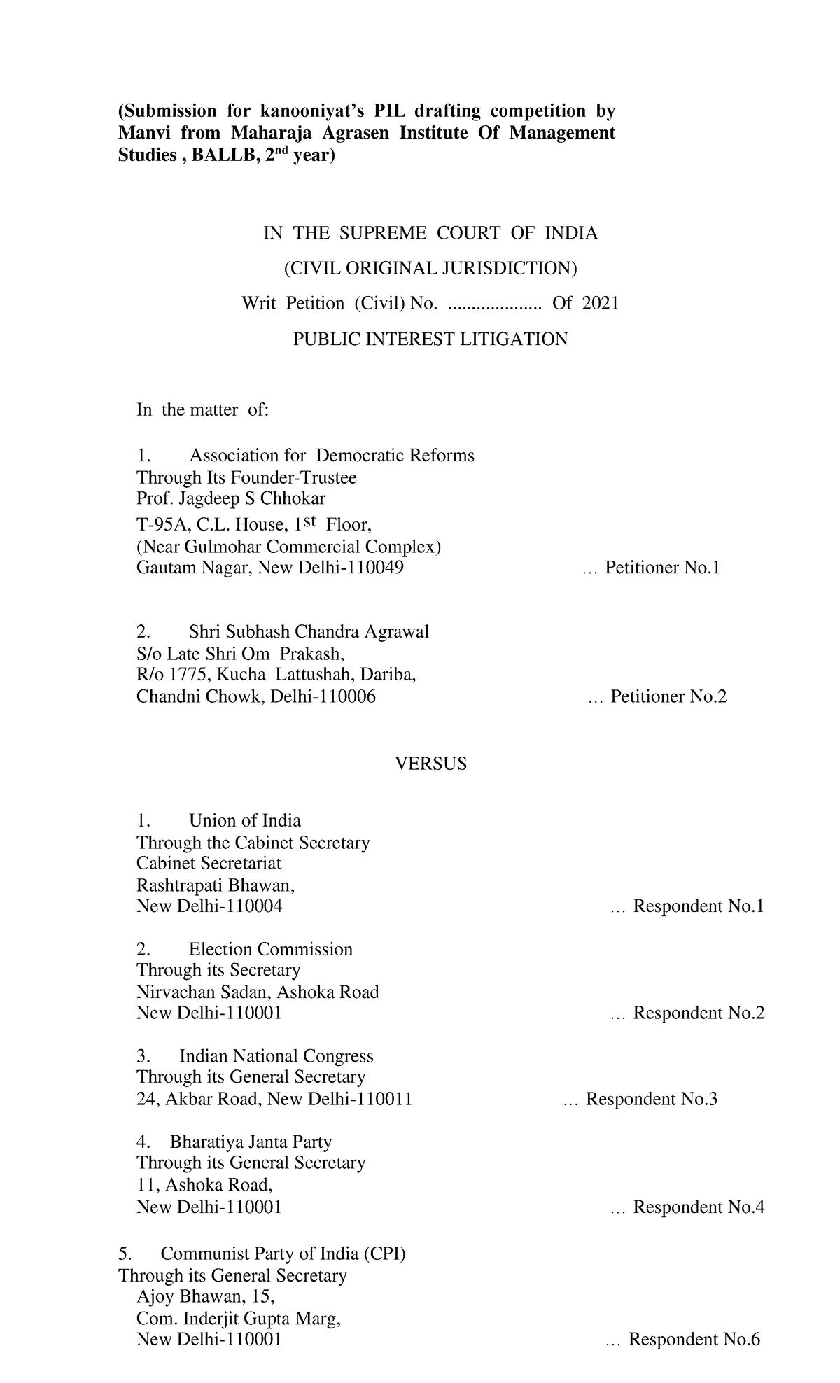 PIL filed by ADR in the Supreme Court to bring Political Parites Under ...