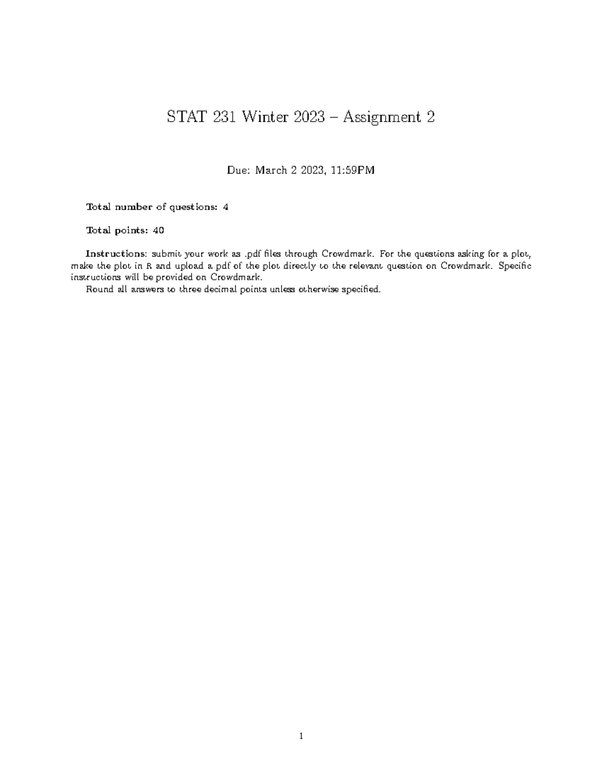 Assignment 2-solutions - STAT 231 Winter 2023 – Assignment 2 Due: March ...