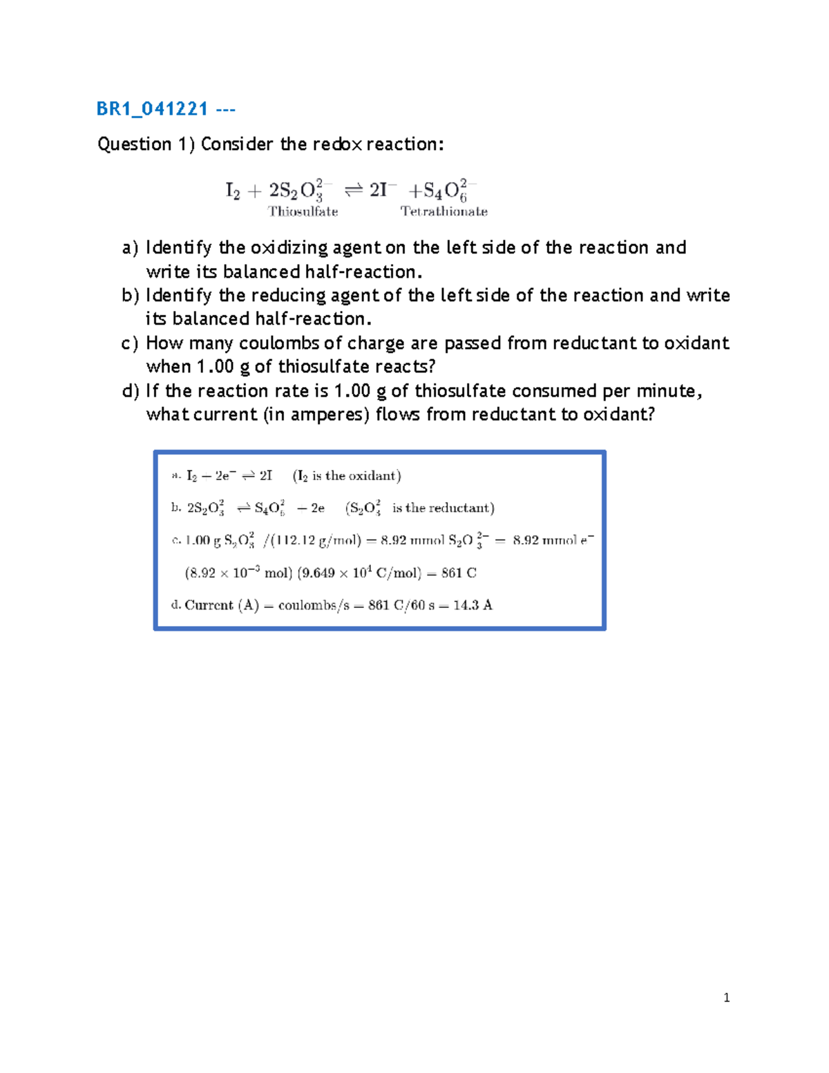 Practice questions (redox reactions, acids + bases) with answers - BR1 ...