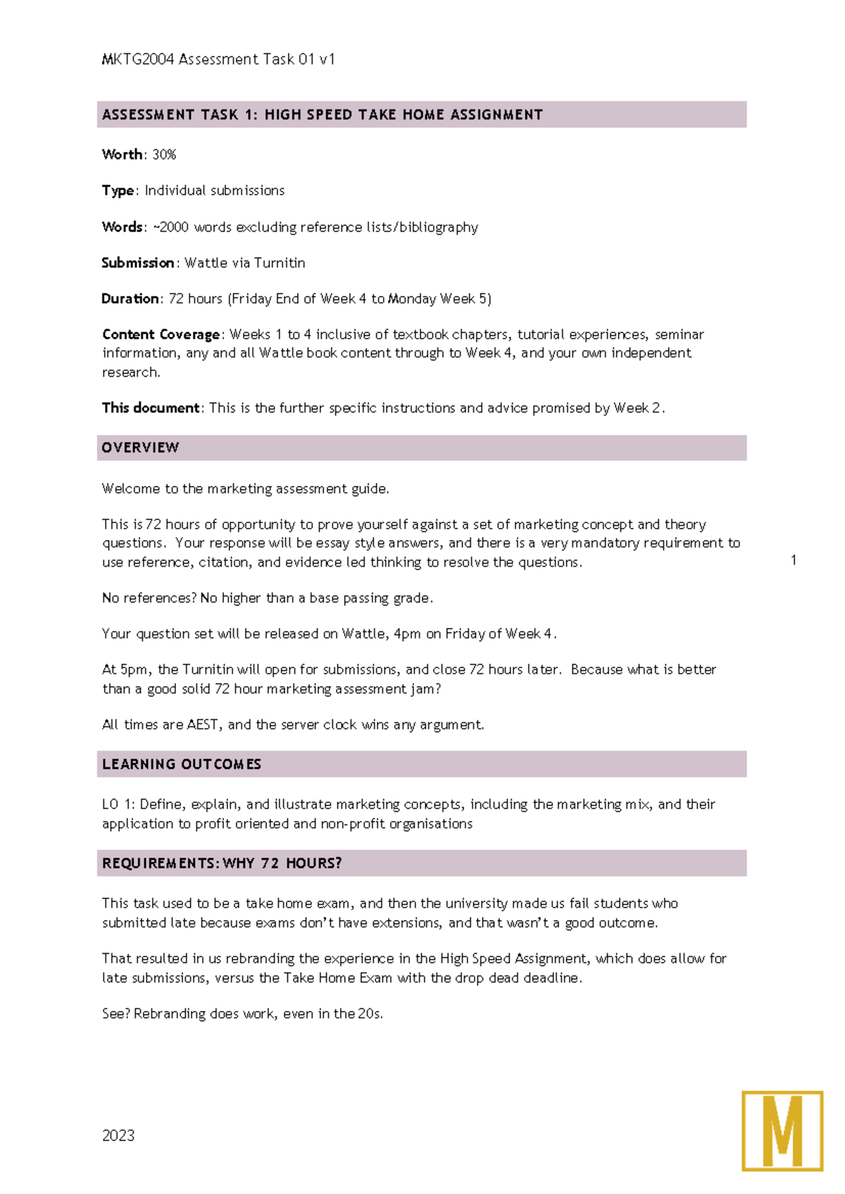 MKTG2004 S2 Assessment Task 01 - 1 ASSESSMENT TASK 1: HIGH SPEED TAKE HOME ASSIGNMENT Worth: 30% ...