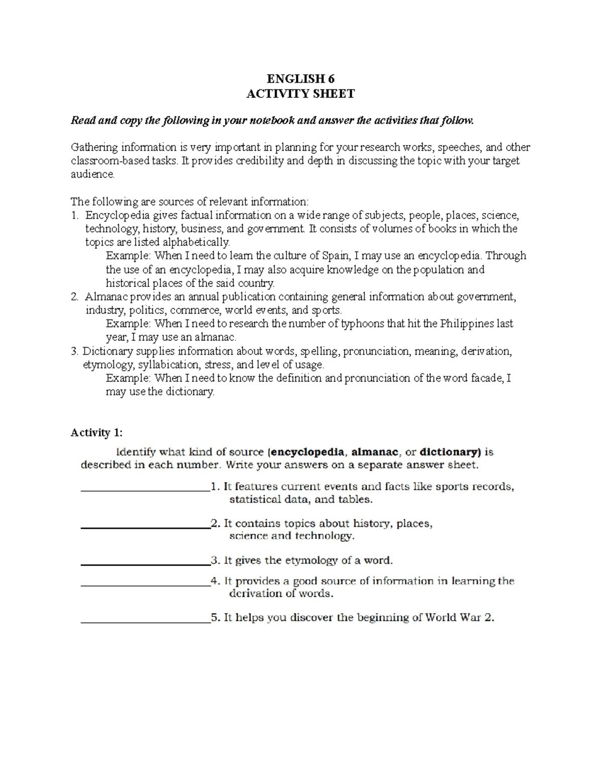 English 6 Activity Sheet - ENGLISH 6 ACTIVITY SHEET Read and copy the ...