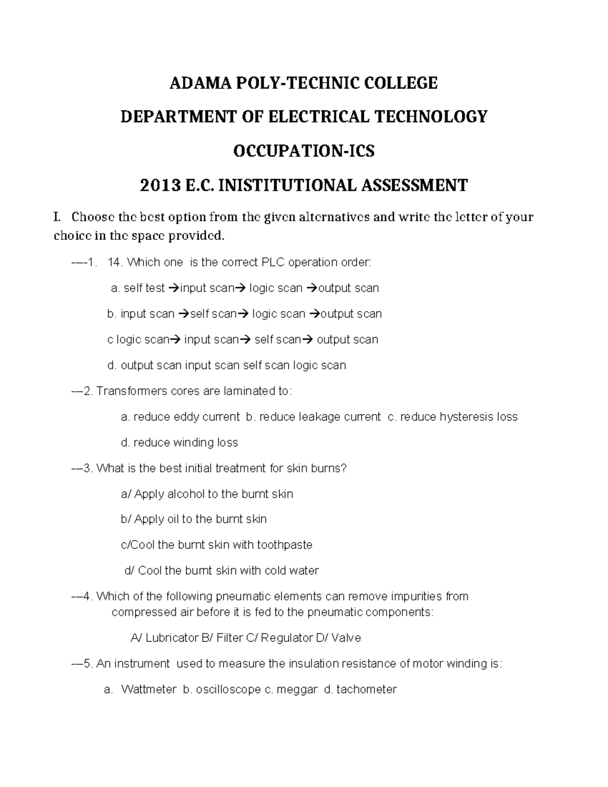 Adama COC level 11 lll-1-1 - ADAMA POLY-TECHNIC COLLEGE DEPARTMENT OF ...