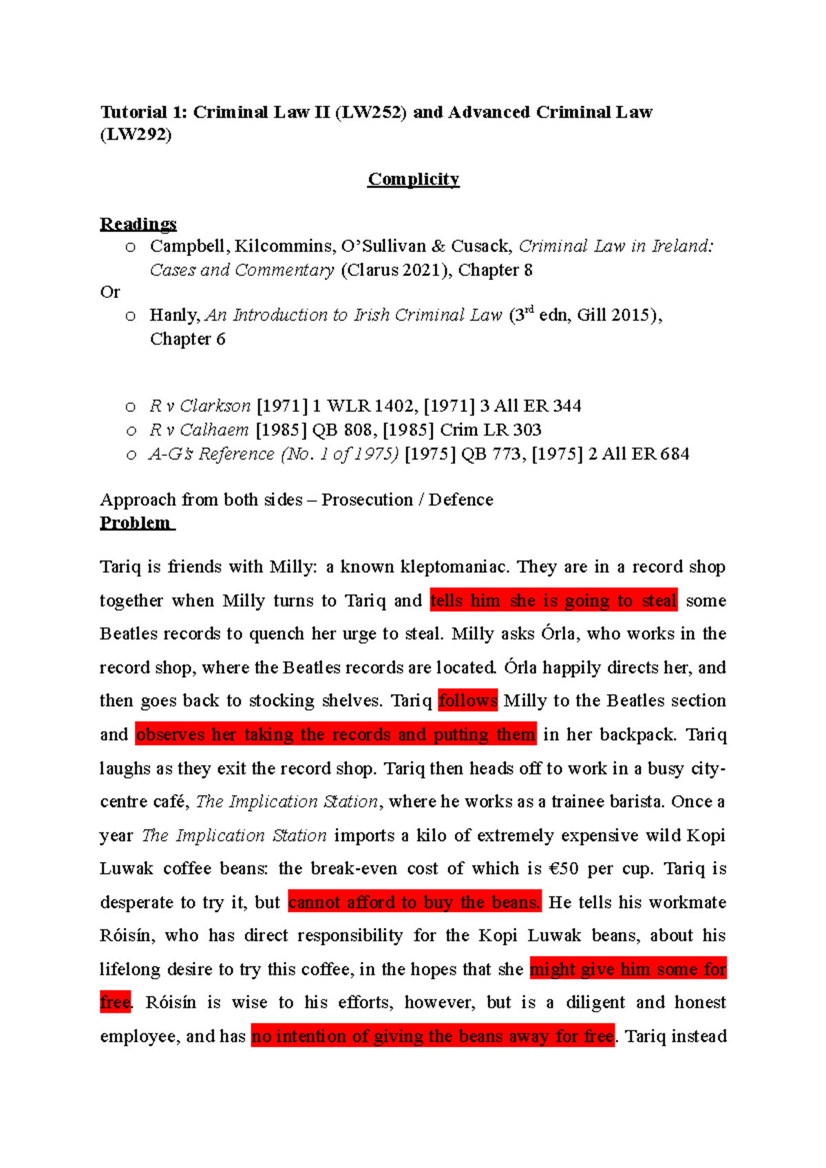 Tutorial 1 (Complicity)- LW252 LW292 - Criminal Law - Maynooth ...