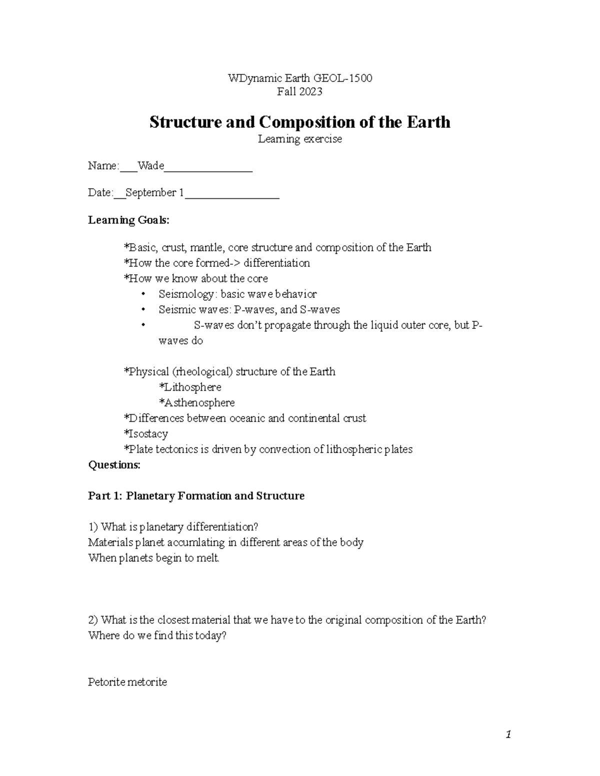 Exercise 1 Interior of the Earth Fall2023 - WDynamic Earth GEOL- Fall ...