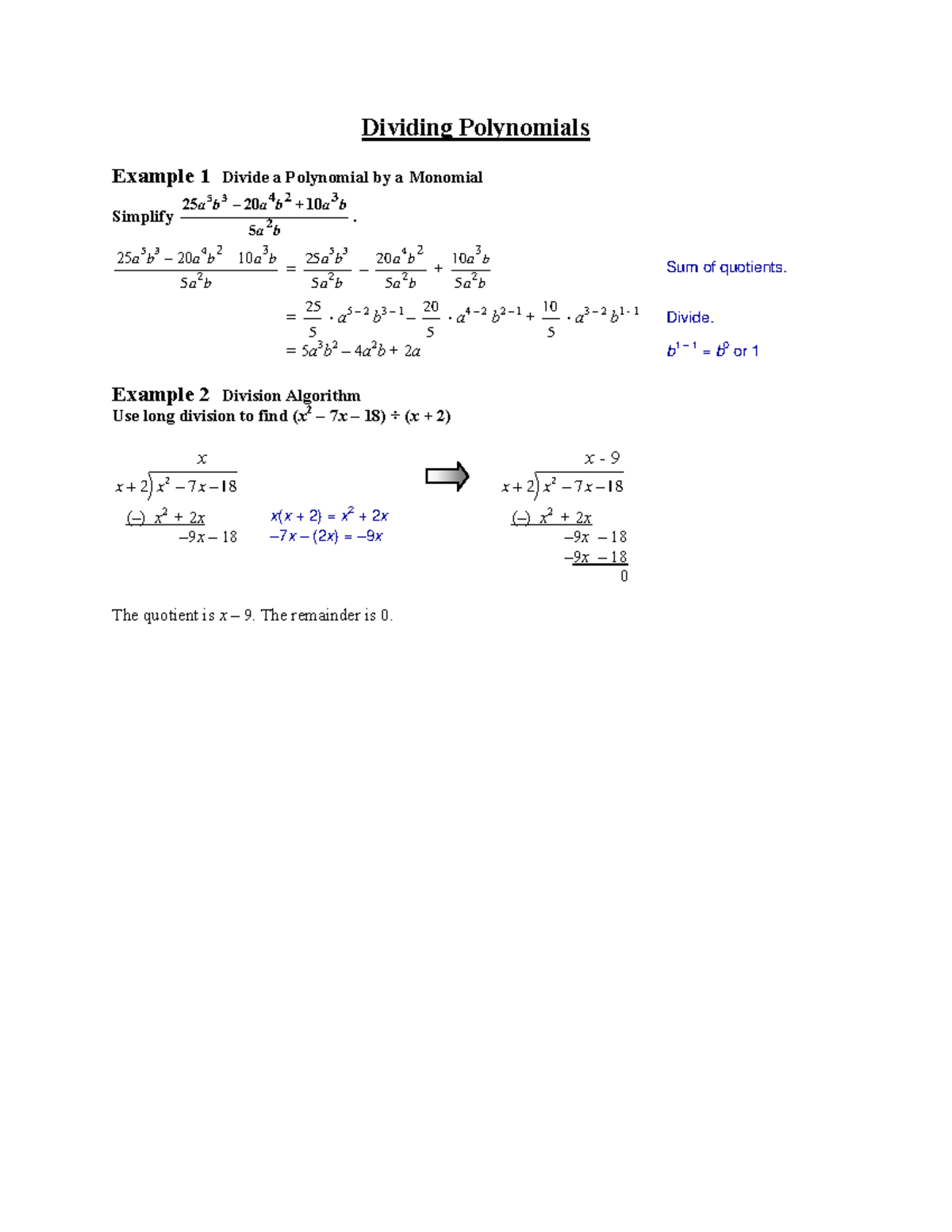 Dividing Polynomials - lecture - Dividing Polynomials Example 1 Divide ...