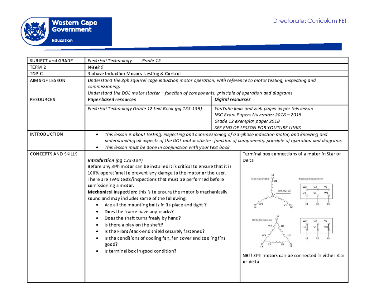 Grd 12 Electrical Lesson 3 PH Motors #6 - SUBJECT and GRADE Electrical ...
