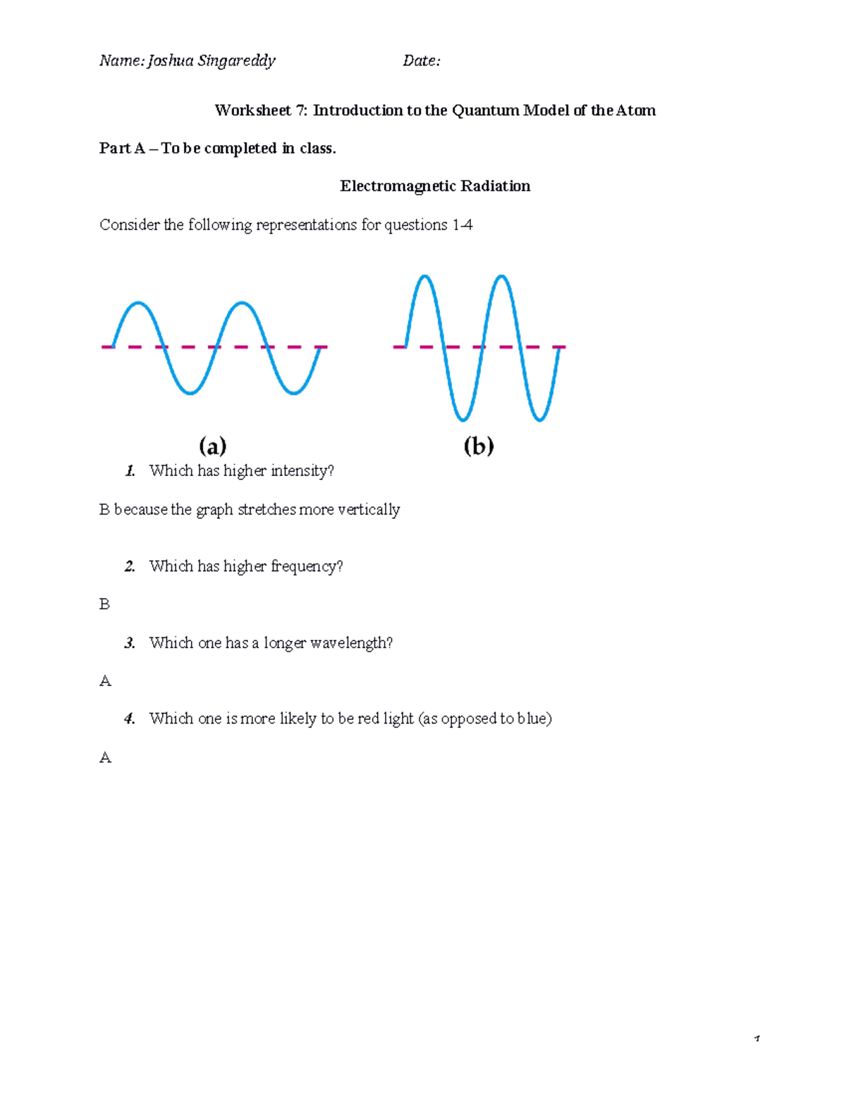 Worksheet 7 Introduction to the Quantum Model of the Atom ...