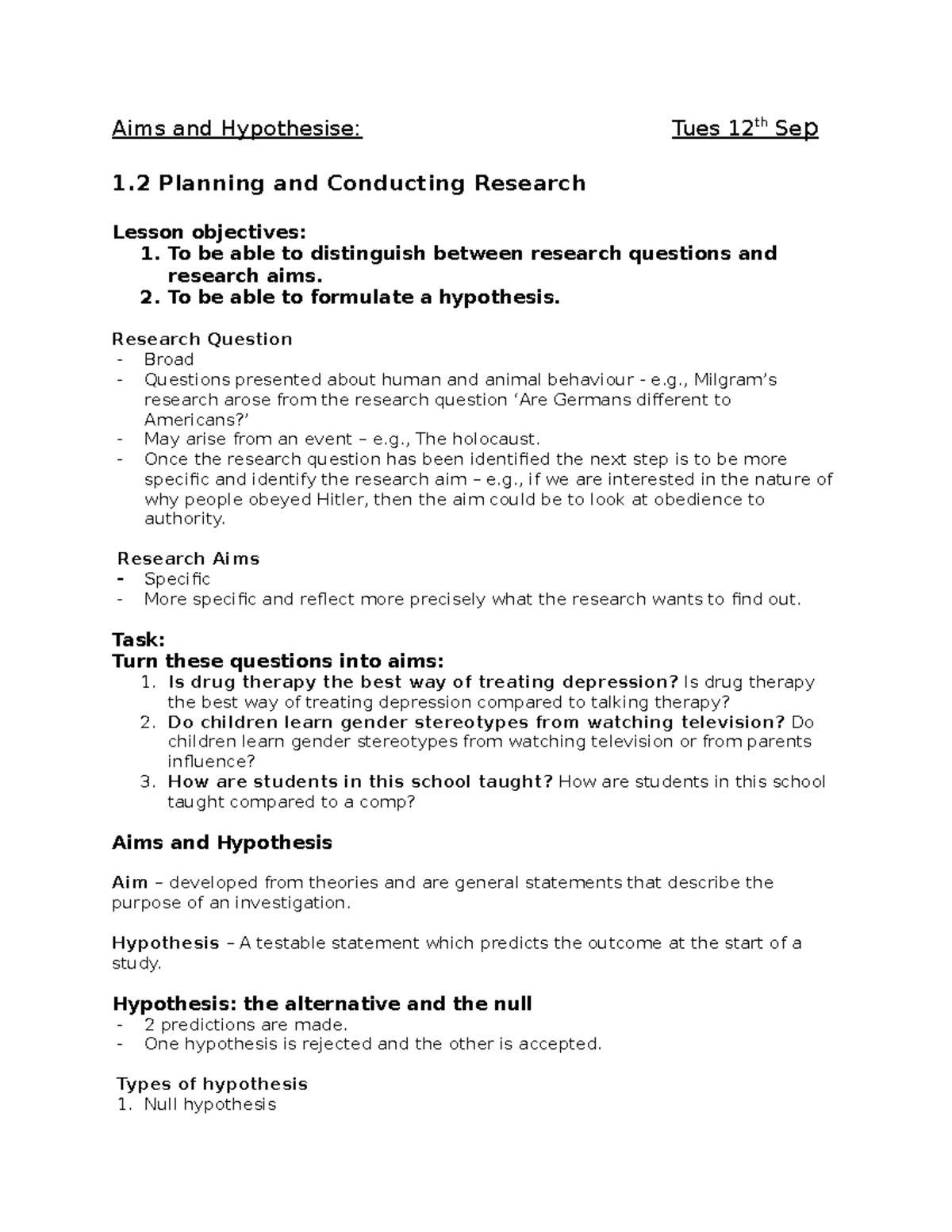 Aims and Hypothesise - Psychology - Aims and Hypothesise: Tues 12 th ...